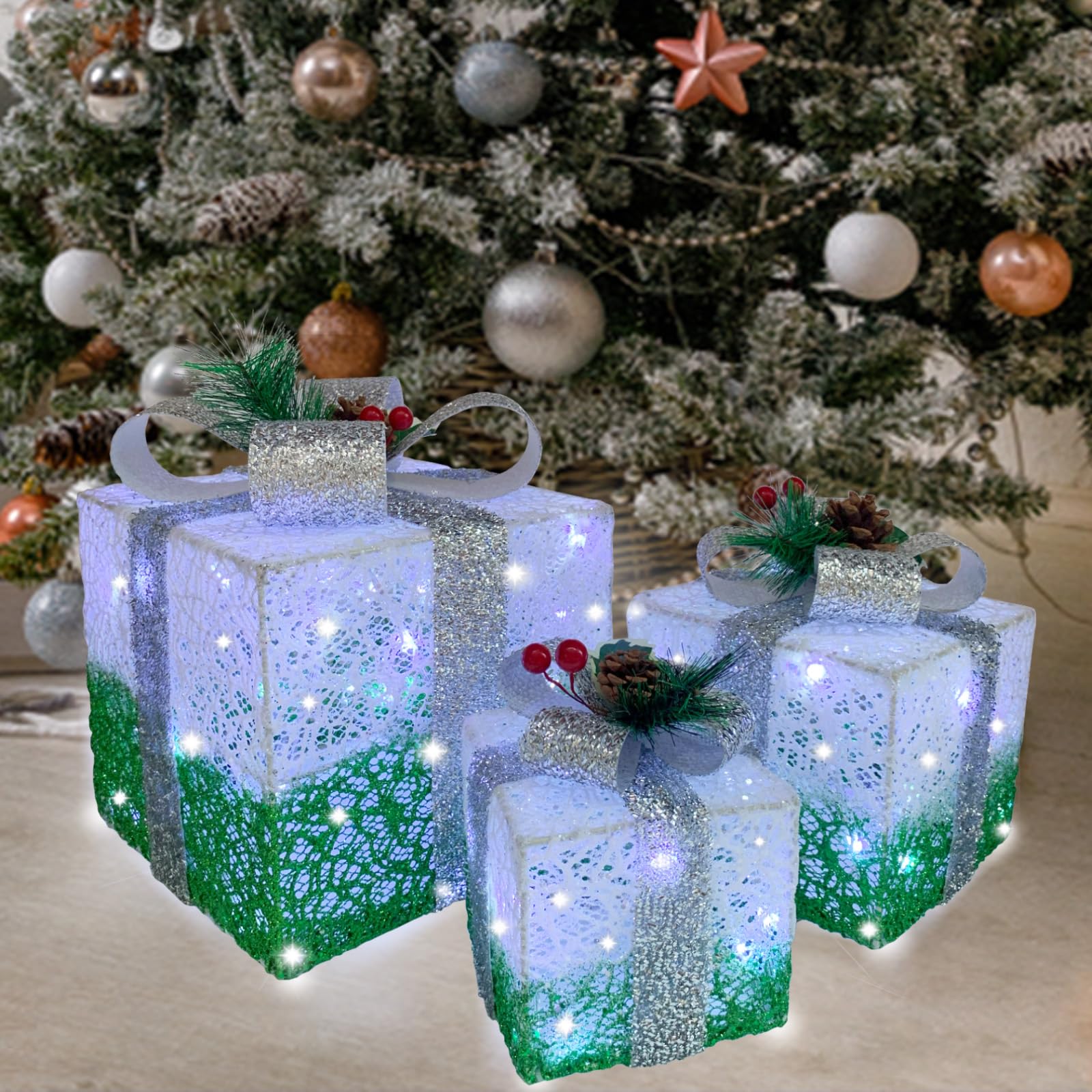 Lighted Gift Boxes Set of 3, Green White Holiday Decorations Gift Box ...