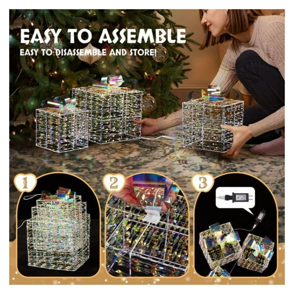 Lighted Gift Boxes Set of 3, Iridescent Pre-lit Present Boxes with LED ...