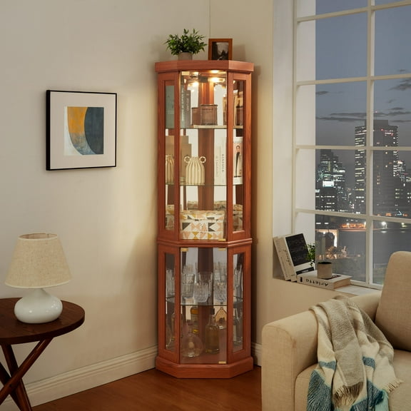 Eyisean 70" Lighted Corner Curio Cabinet, Wood China Display Case with ...