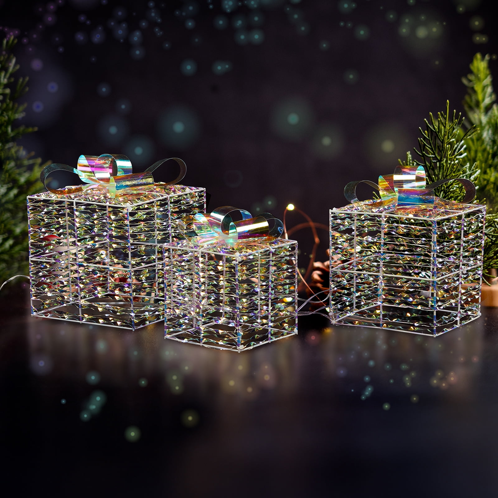 Lighted Iridescent Gift Boxes Set of 3, Pre-lit Nestable Present Boxes ...