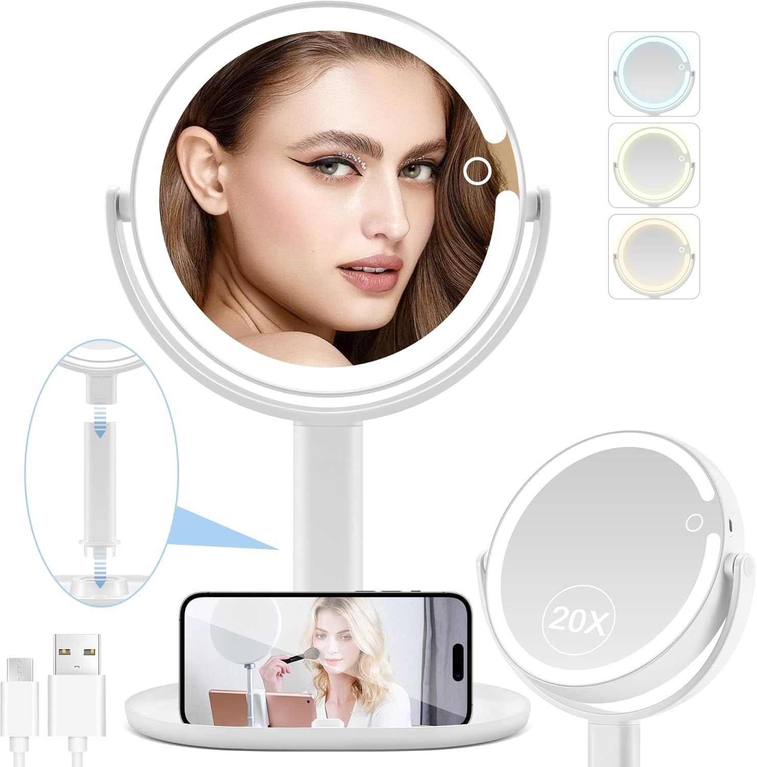 Lighted Makeup Mirror, 20X Magnifying Mirror with Light and Adjustable ...