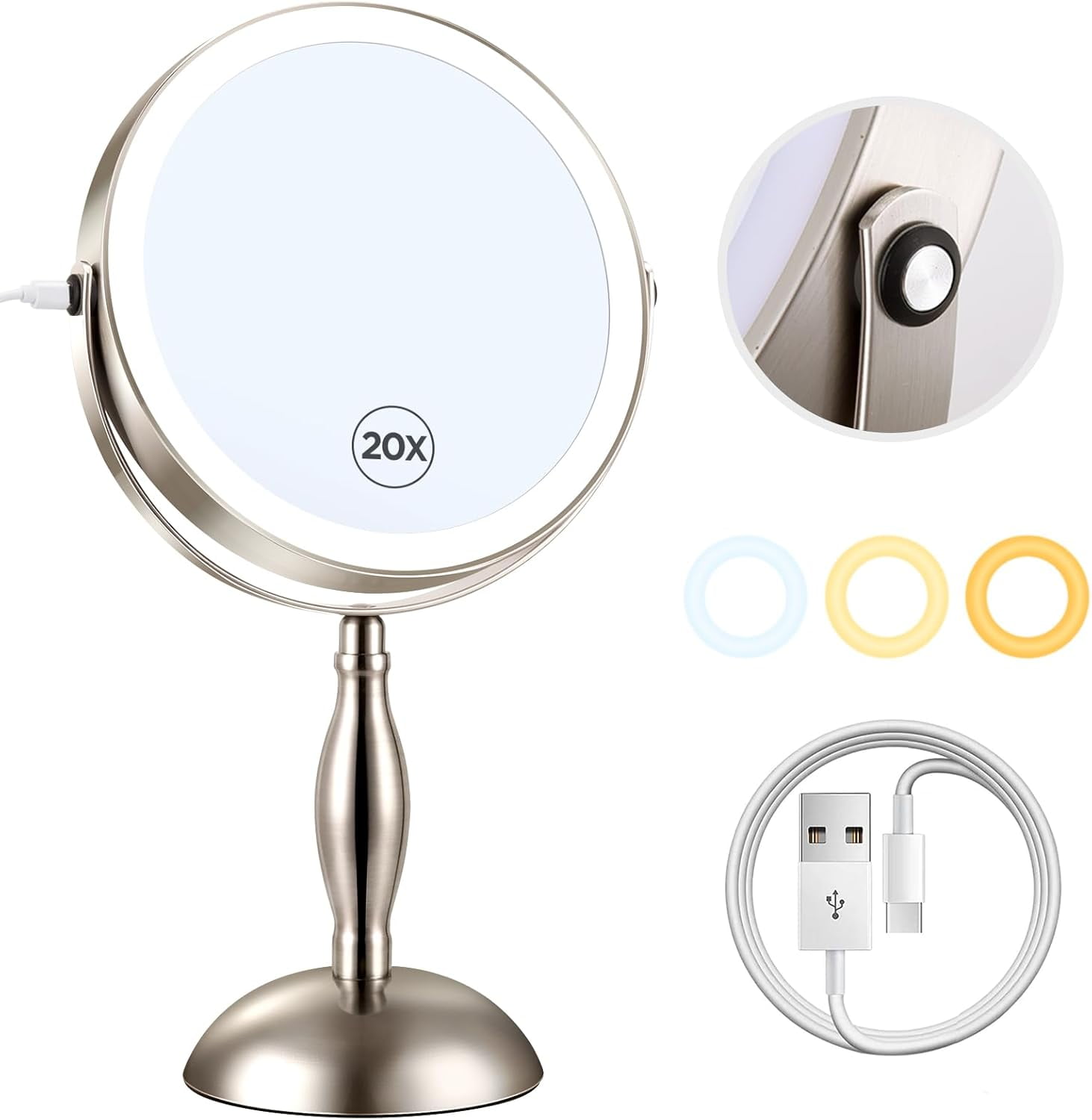 Lighted Makeup Mirror, Rechargeable 8" 3 Color Vanity Mirror, 15x ...