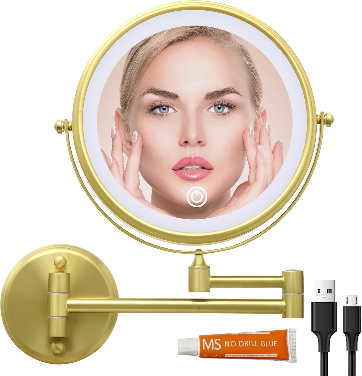 Lighted Makeup Vanity Mirror Wall Mounted Gold,8” Double Sided 1X 10X Magnifying Mirror Wall ...