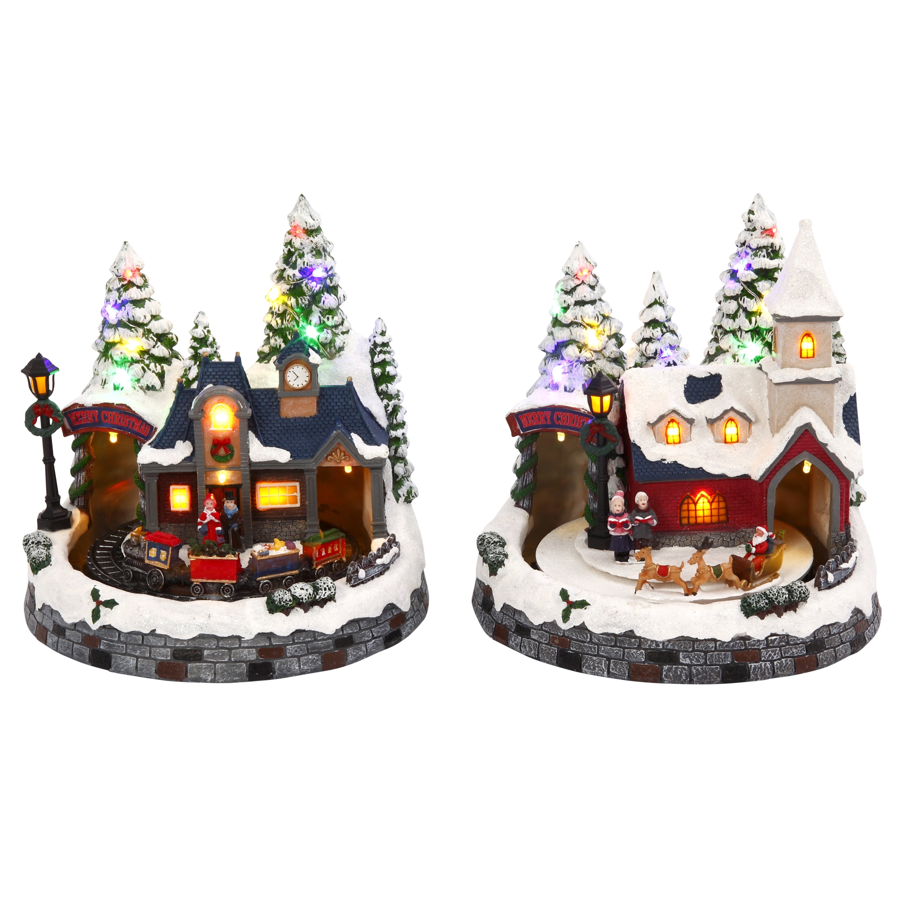 Lighted, Musical Holiday Scenes with Train, Church and Santa (Set of 2 ...