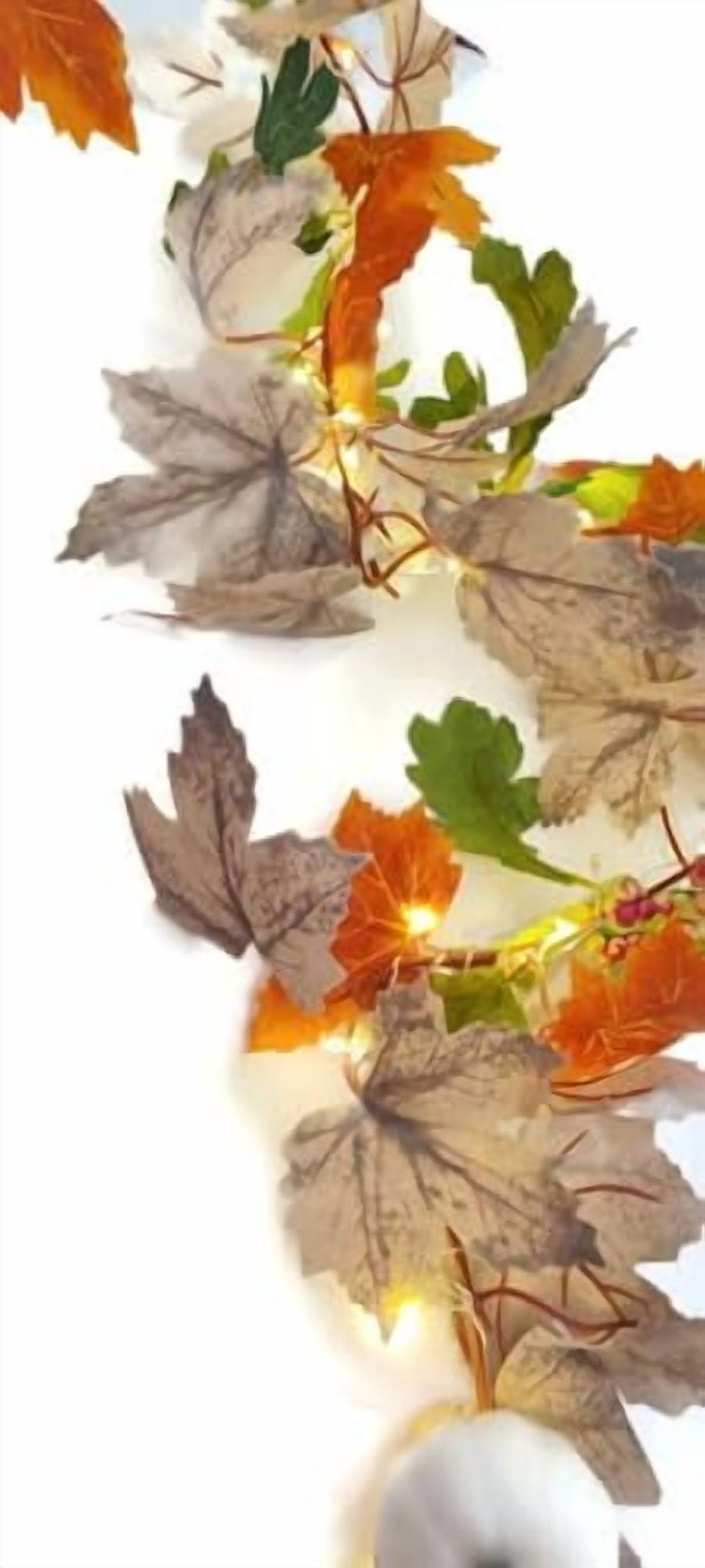 Lighted Neutral Fall Leaves Garland with White Pumpkins, Warm White ...