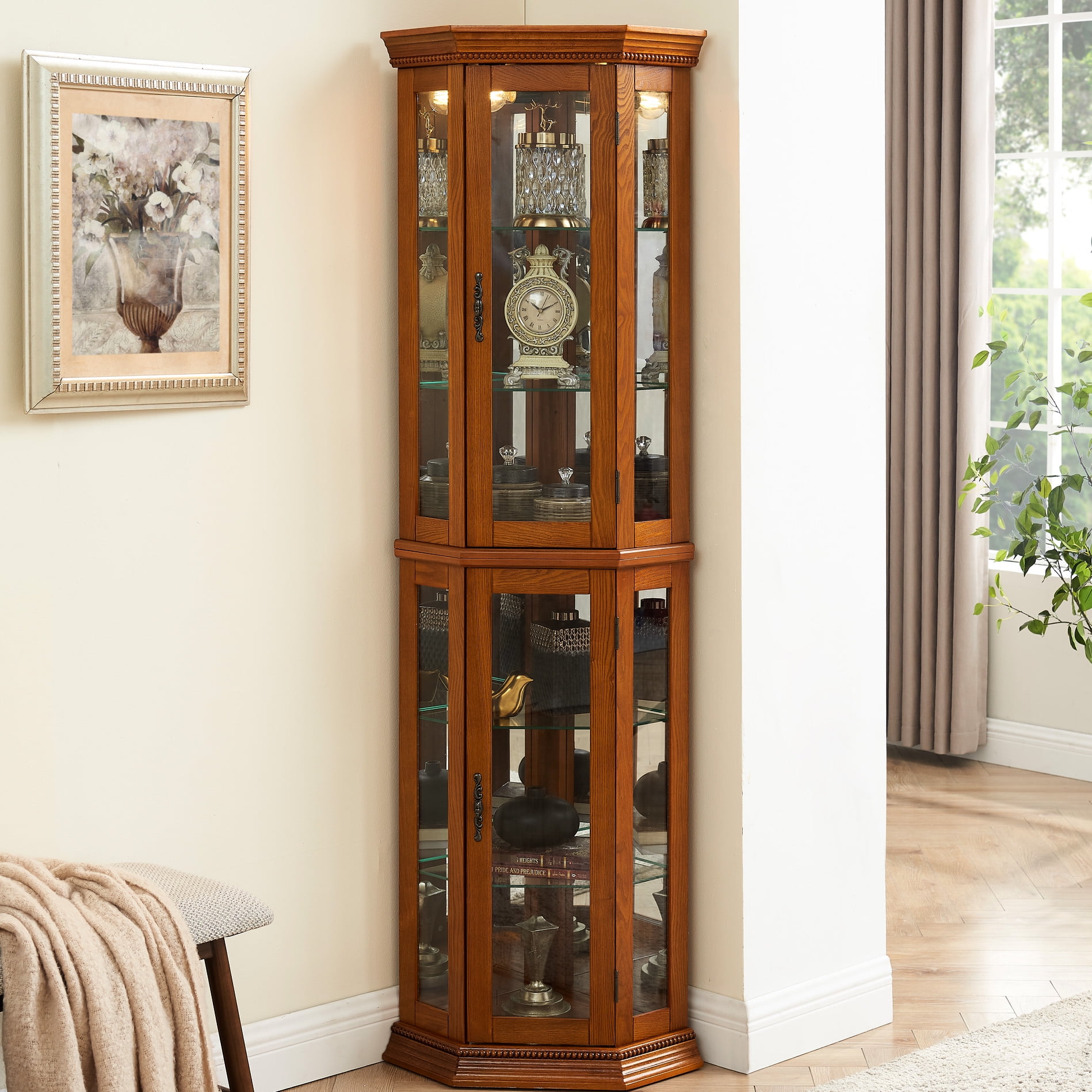 Lighted Oak Curio Cabinet With Mirrored Back And Secure Shelving ...