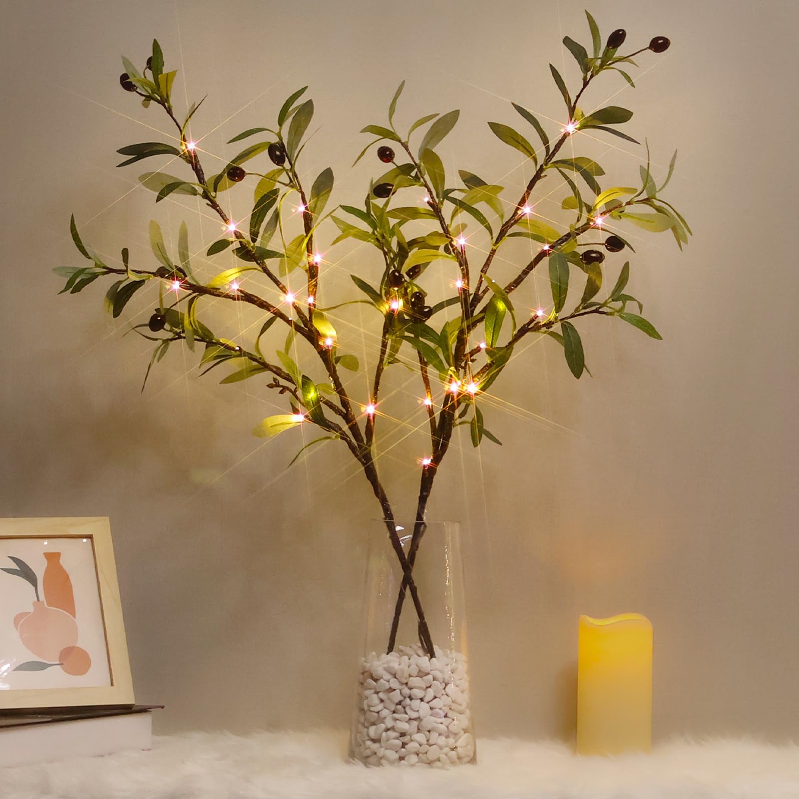 Lighted Olive Branches for Vases, 32 Inch Olive Branches with 32 LED ...