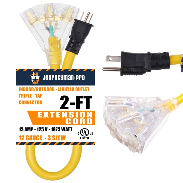 Journeyman-Pro 12/3 Gauge 2ft Yellow 3 Outlets Wedge Extension Cord ...