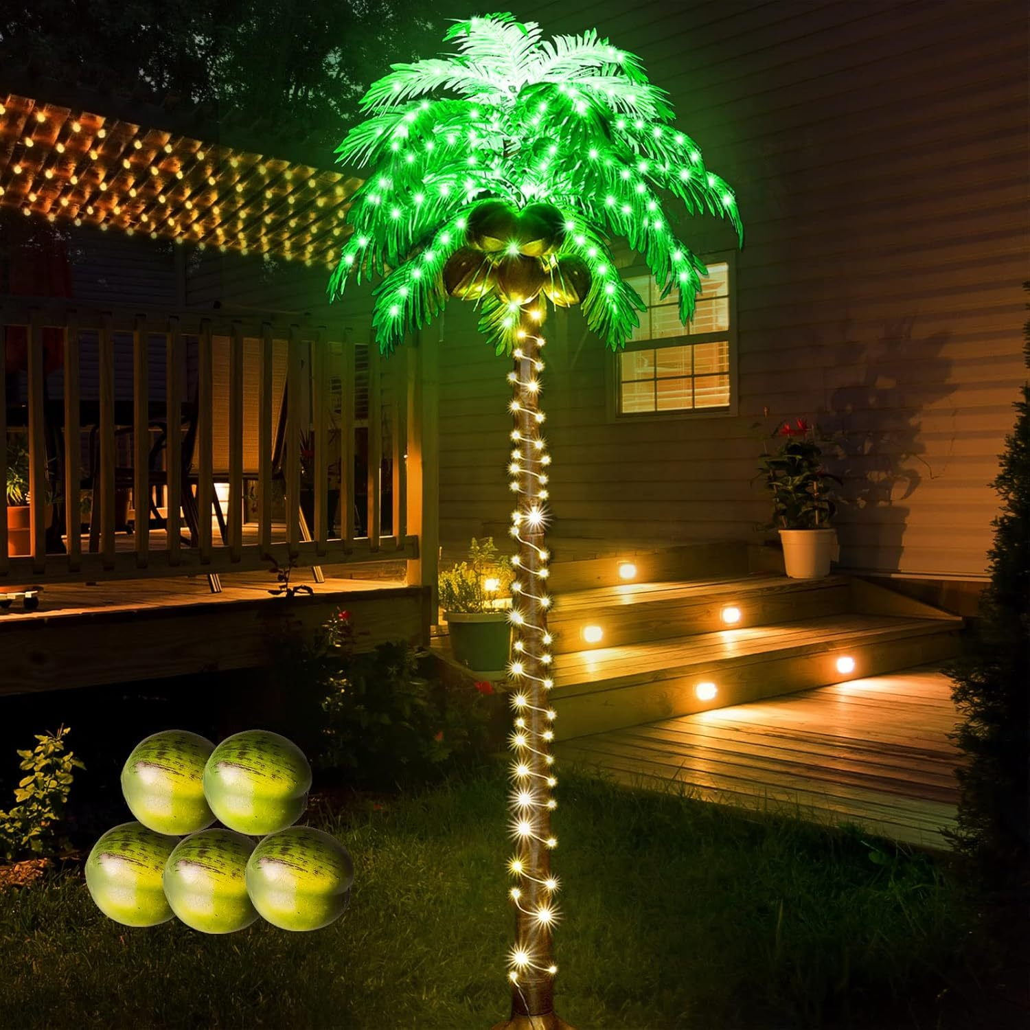 Lighted Palm Trees, 7FT 187 LED Artificial Palm Tree with 5 Coconuts ...