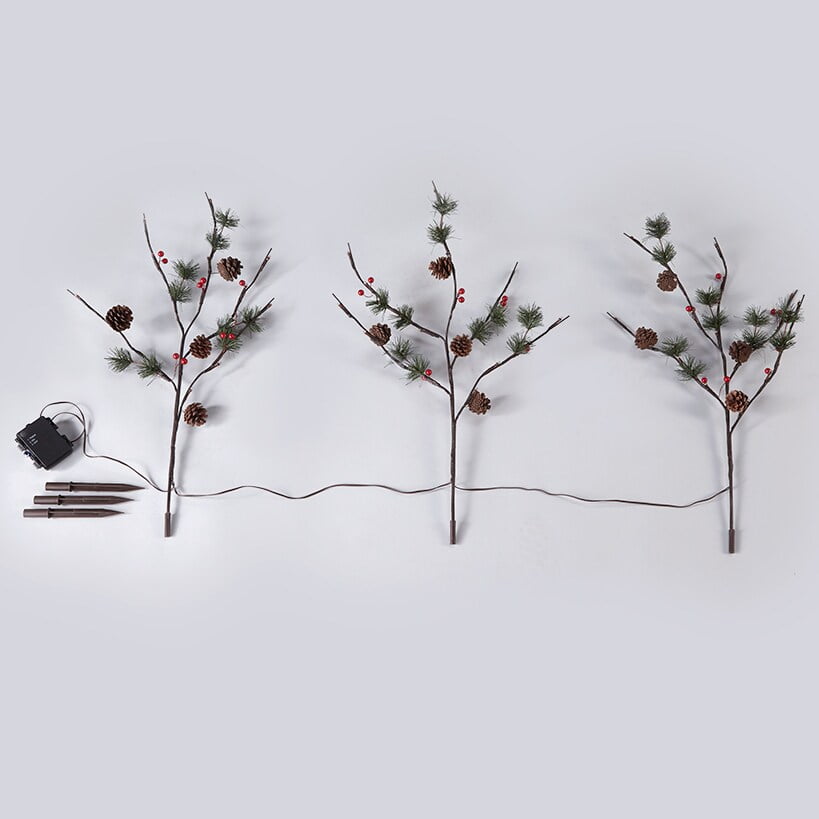 Lighted Pine Tree Branch Garden Stakes with Pine Cone Appliques - 3 ...