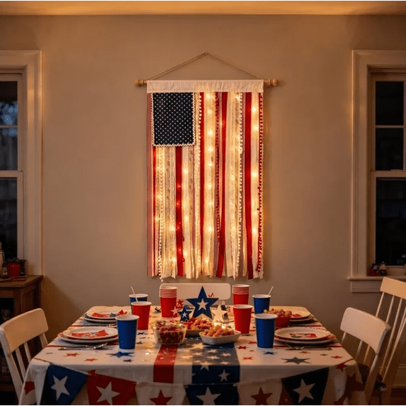 Lighted Rag American Flag Banner 4 x 2.3 Ft, Patriotic Wall Hanging ...