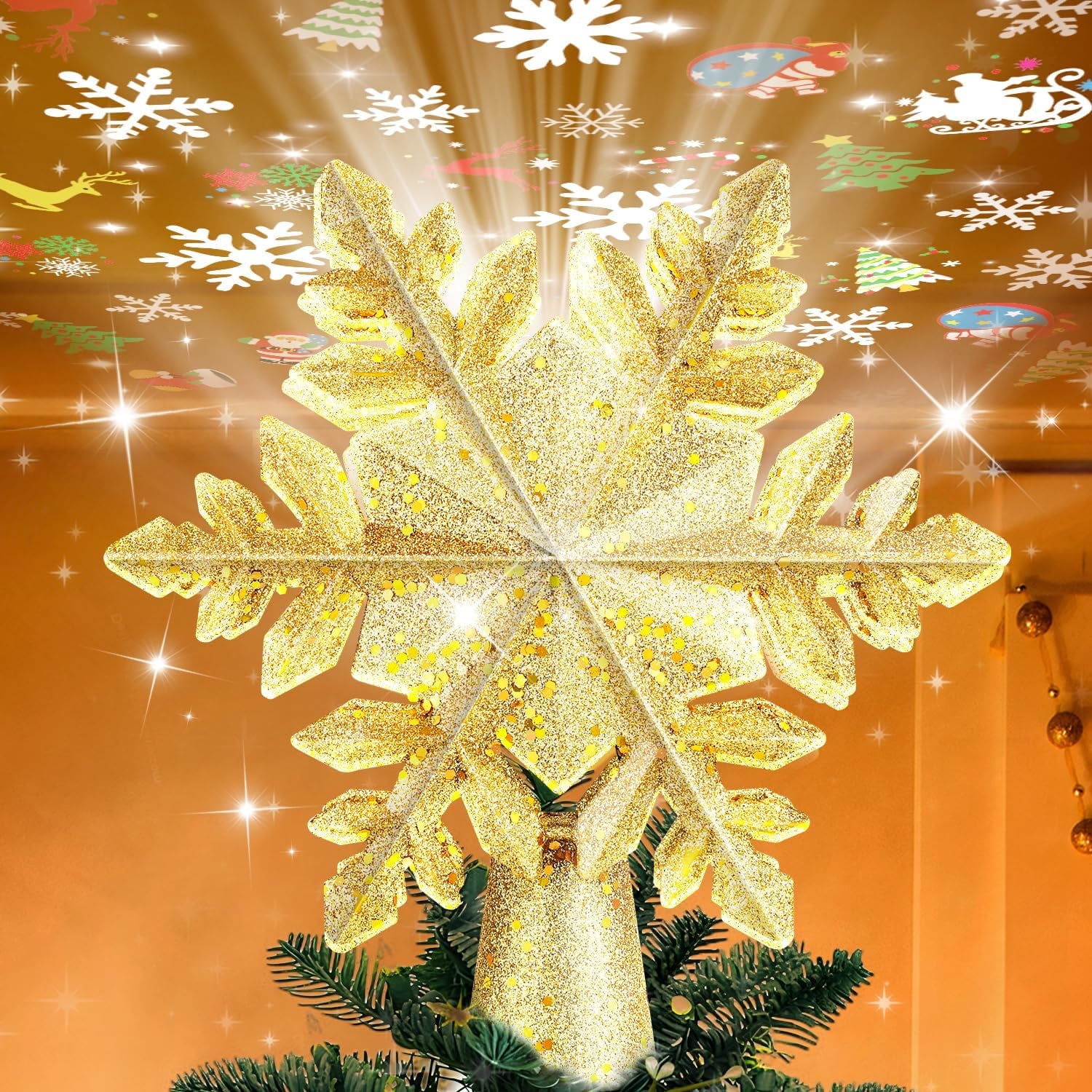 Lighted Rotating Snowflake Christmas Tree Topper with 6 Projected ...
