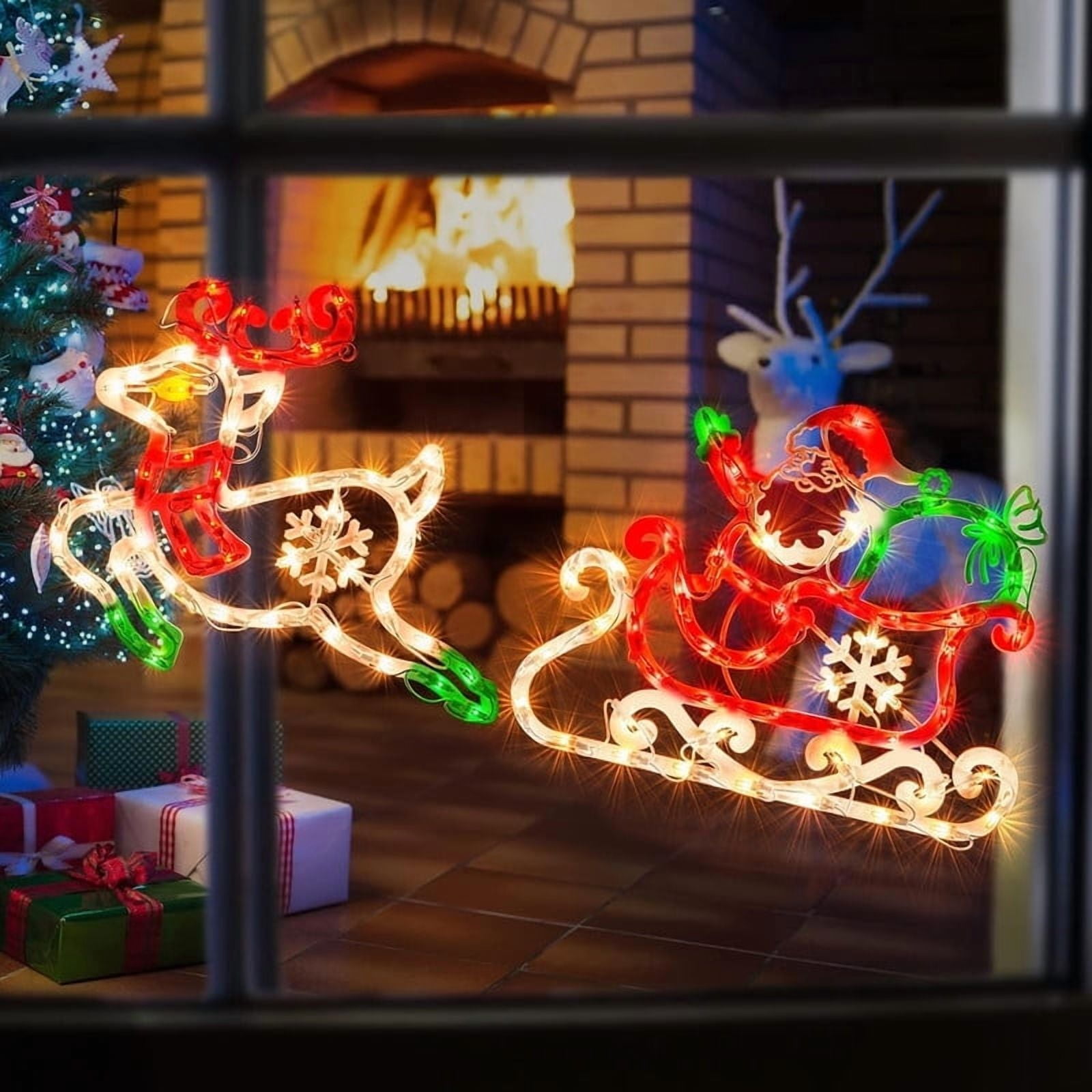 Lighted Santa in Sleigh with Reindeer Christmas Window Silhouette ...