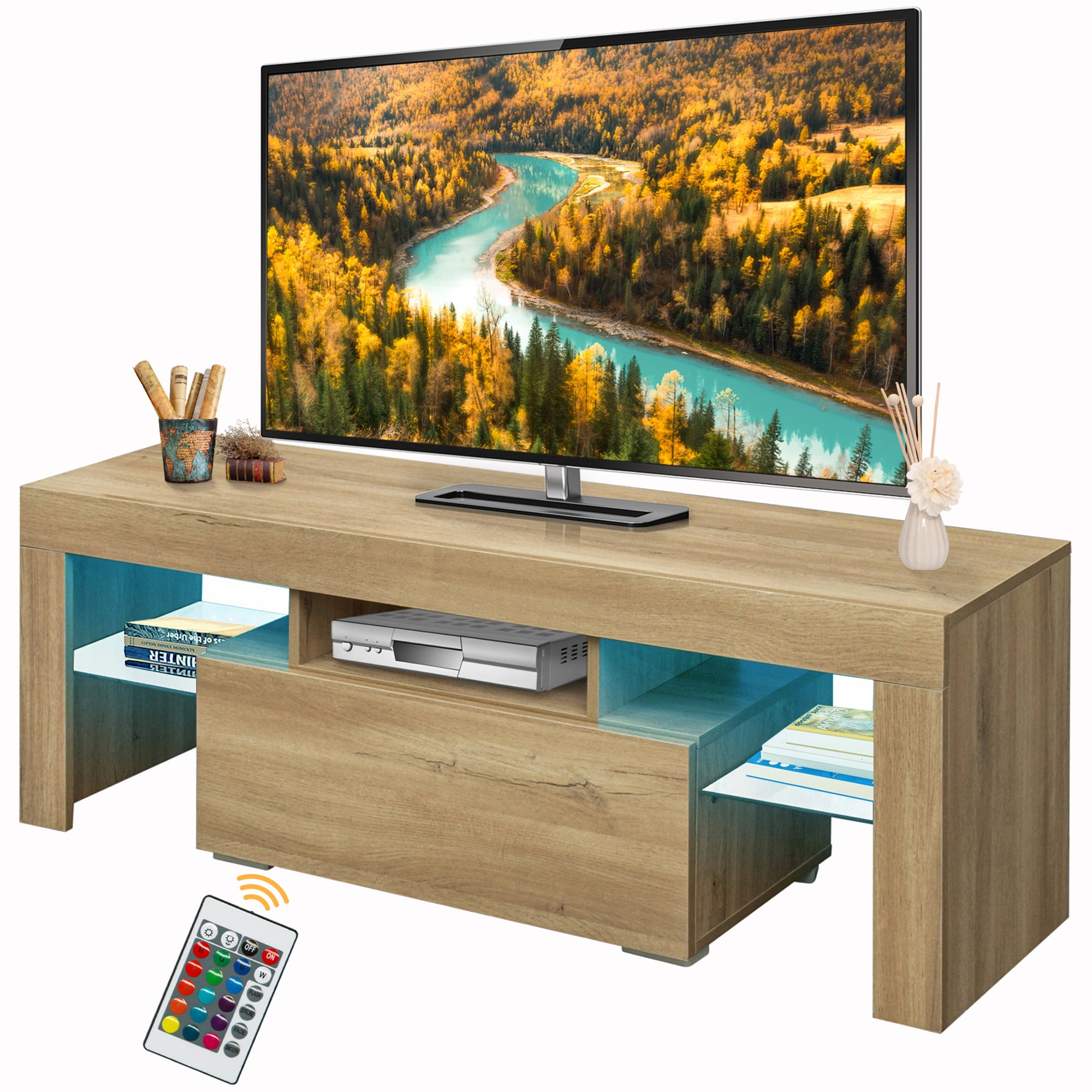 Seizeen 55 inch TV Stand with LED RGB Lights, Storage Shelves & Drawer ...