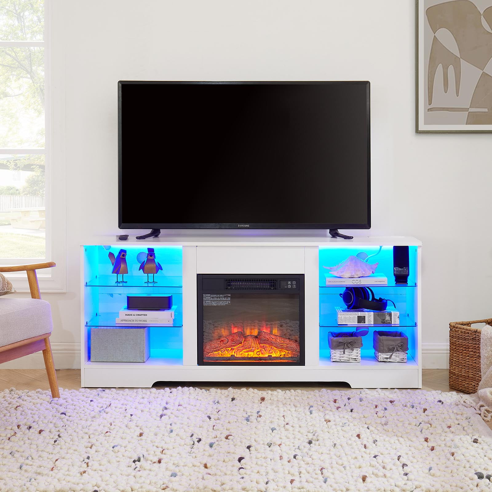 Lighted TV Stand Electric Fireplace TV Stand with Glass Shelves, 3D ...