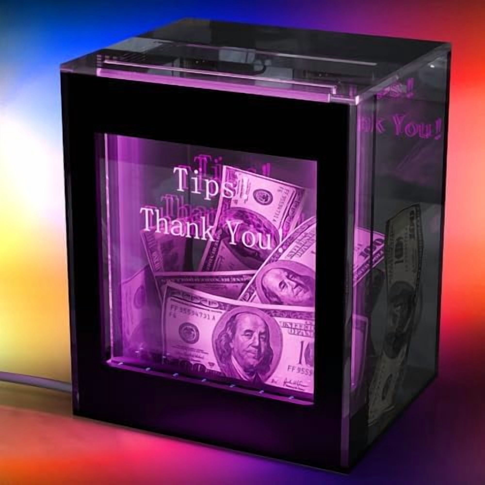 Lighted Up Tip Jar for Money with Lock and LED Light Acrylic Donation ...