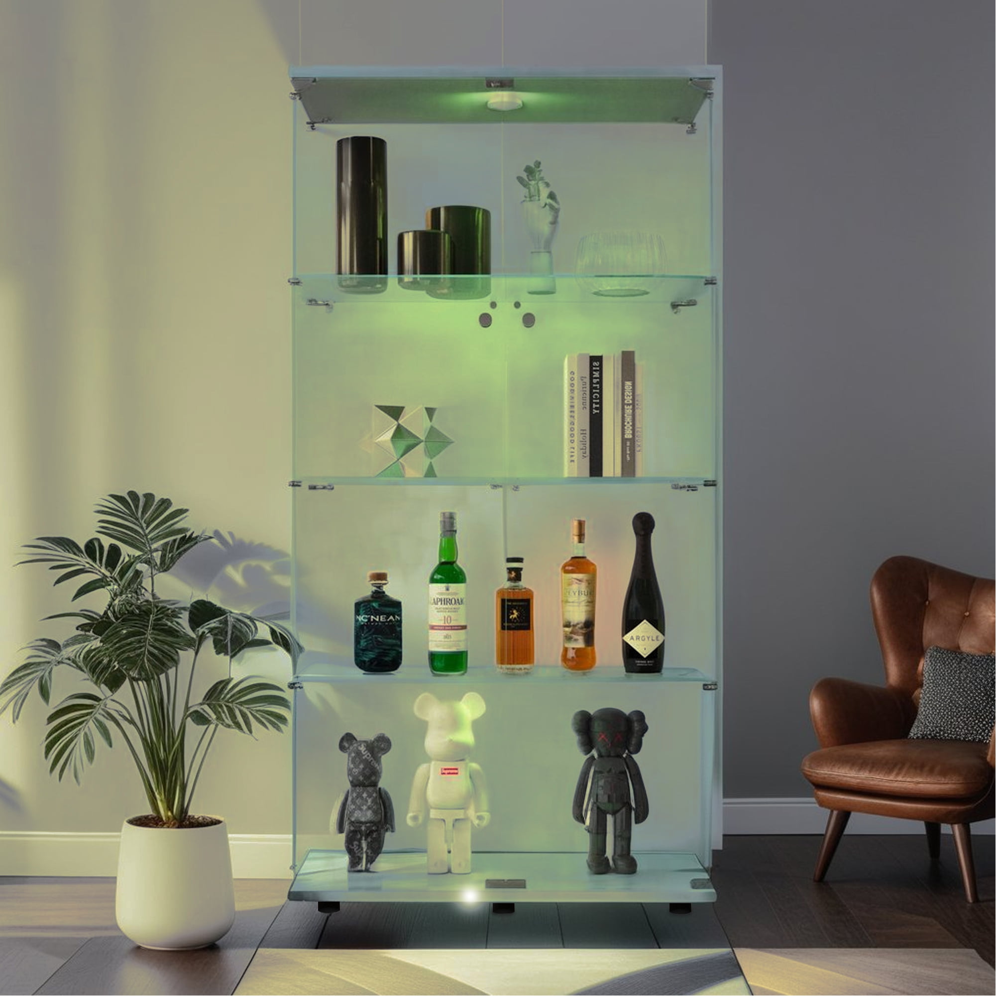 Lighted Two Door Glass Cabinet Glass Display Cabinet with 4 Shelves ...