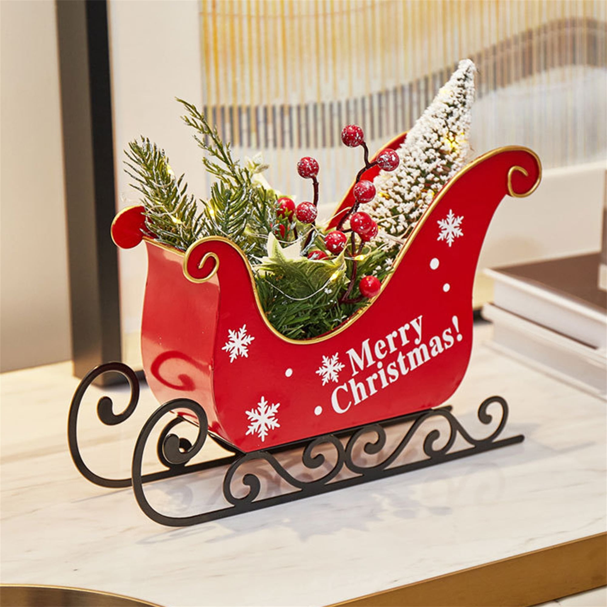 Lighted Up Christmas Metal Sleigh Car with Christmas Tree Red Berry for ...