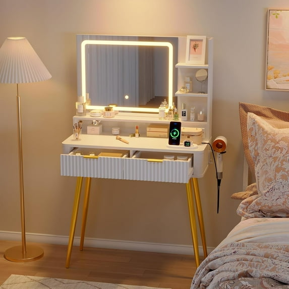 Lighted Vanity Table with Mirror, 31.5" LED Dressing Table with 2 Drawers, 3 Color Light Modes ...