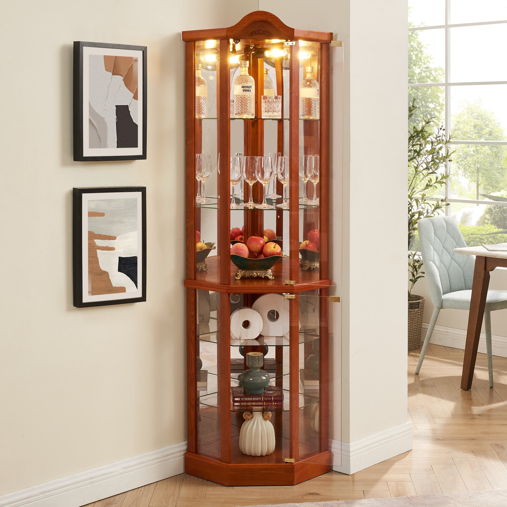 Lighted Wooden Corner Curio Cabinet, Corners Glass Display Cabinets ...