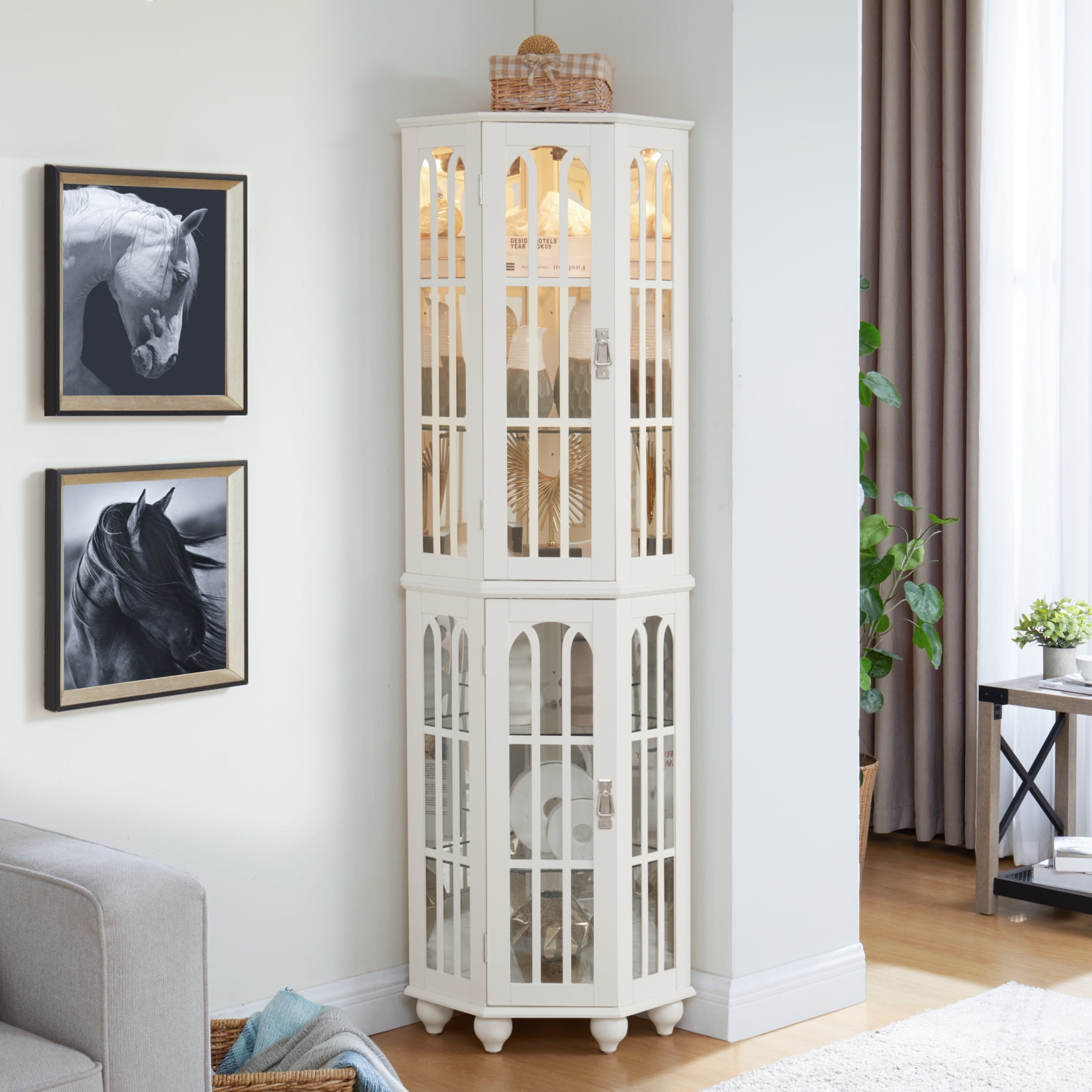 Lighted Wooden Corner Display Curio Cabinet, Two Section Shelving Unit ...