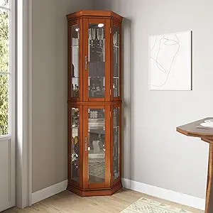 Lighted Wooden Corner Display Curio Cabinet, Two Section Shelving Unit ...