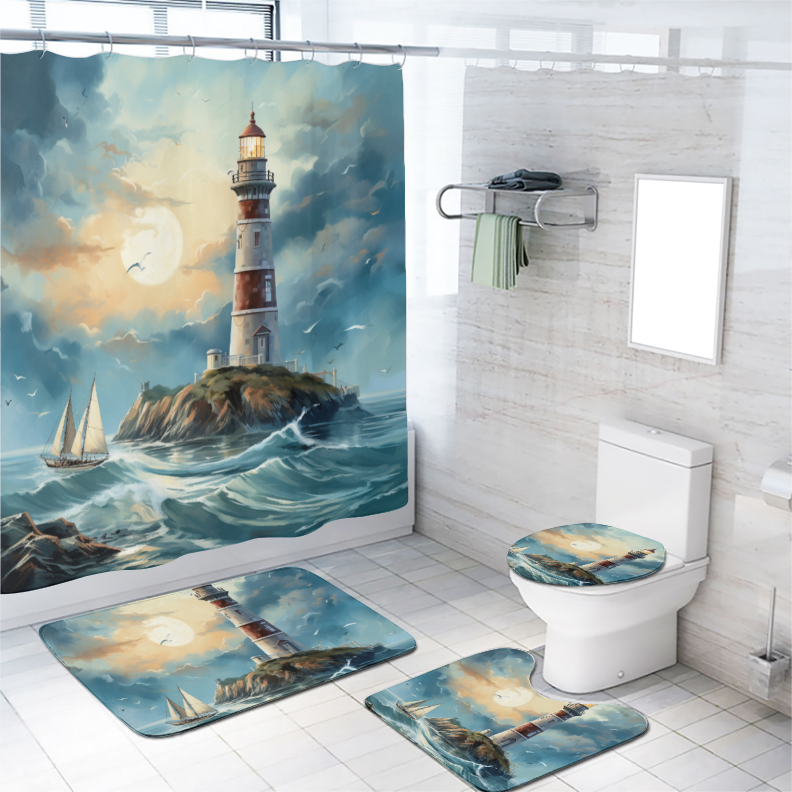 Lighthouse 4 Pcs Bathroom Sets Sunset Blue Ocean Nautical Rock Seaside ...