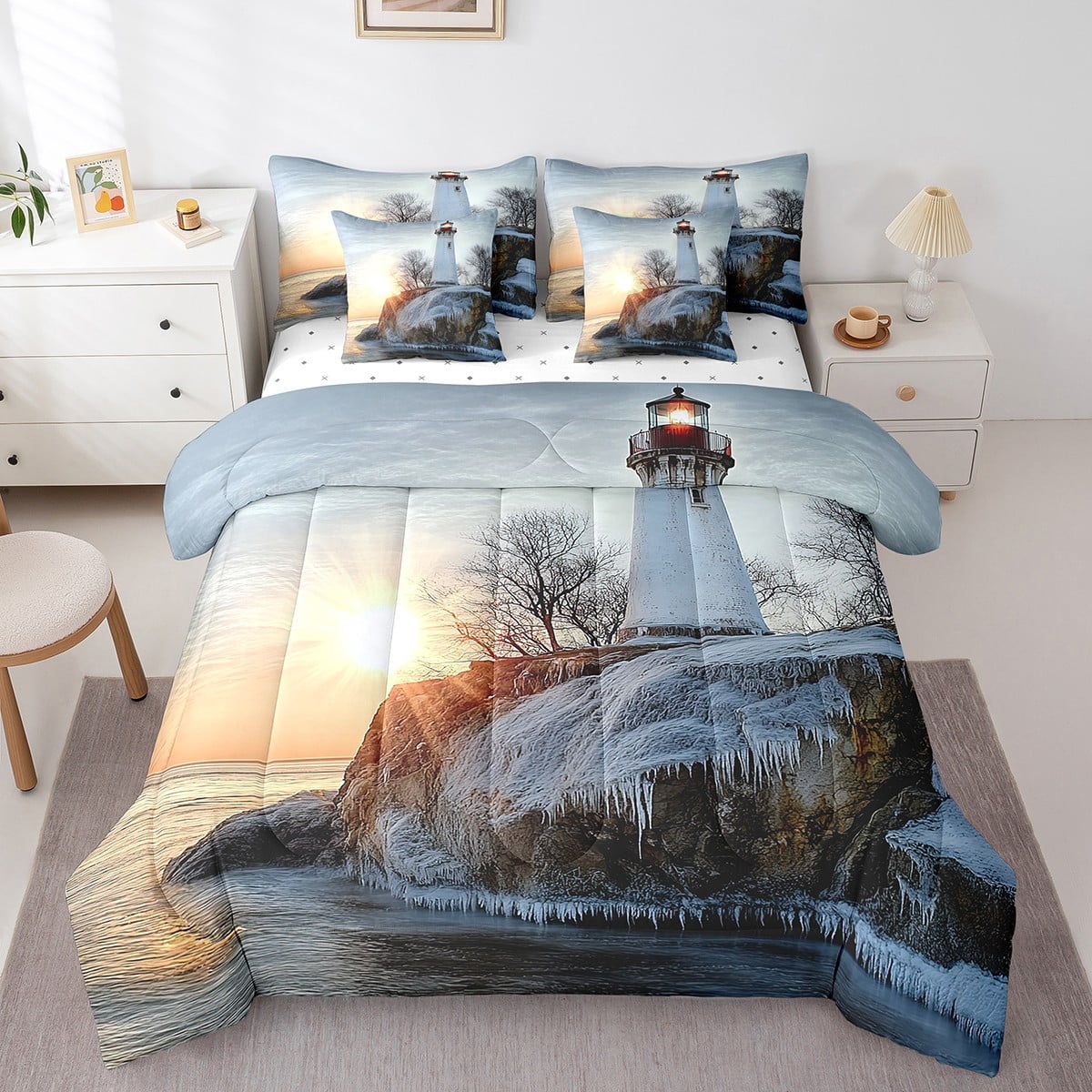 Lighthouse 7 Piece Comforter Set Full Nature Winter Bed In A Bag With ...