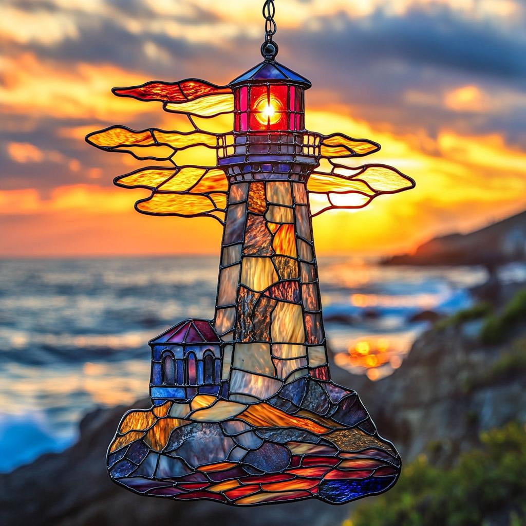 Lighthouse Acrylic Suncatcher Coastal Nautical Faux Stained Glass ...