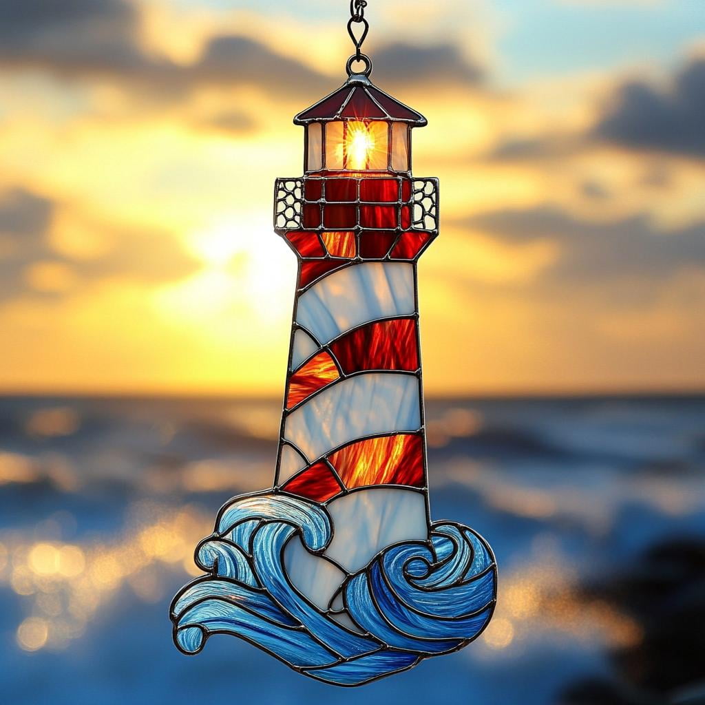 Lighthouse Acrylic Suncatcher, Ocean Sunset Coastal Window Hanging ...