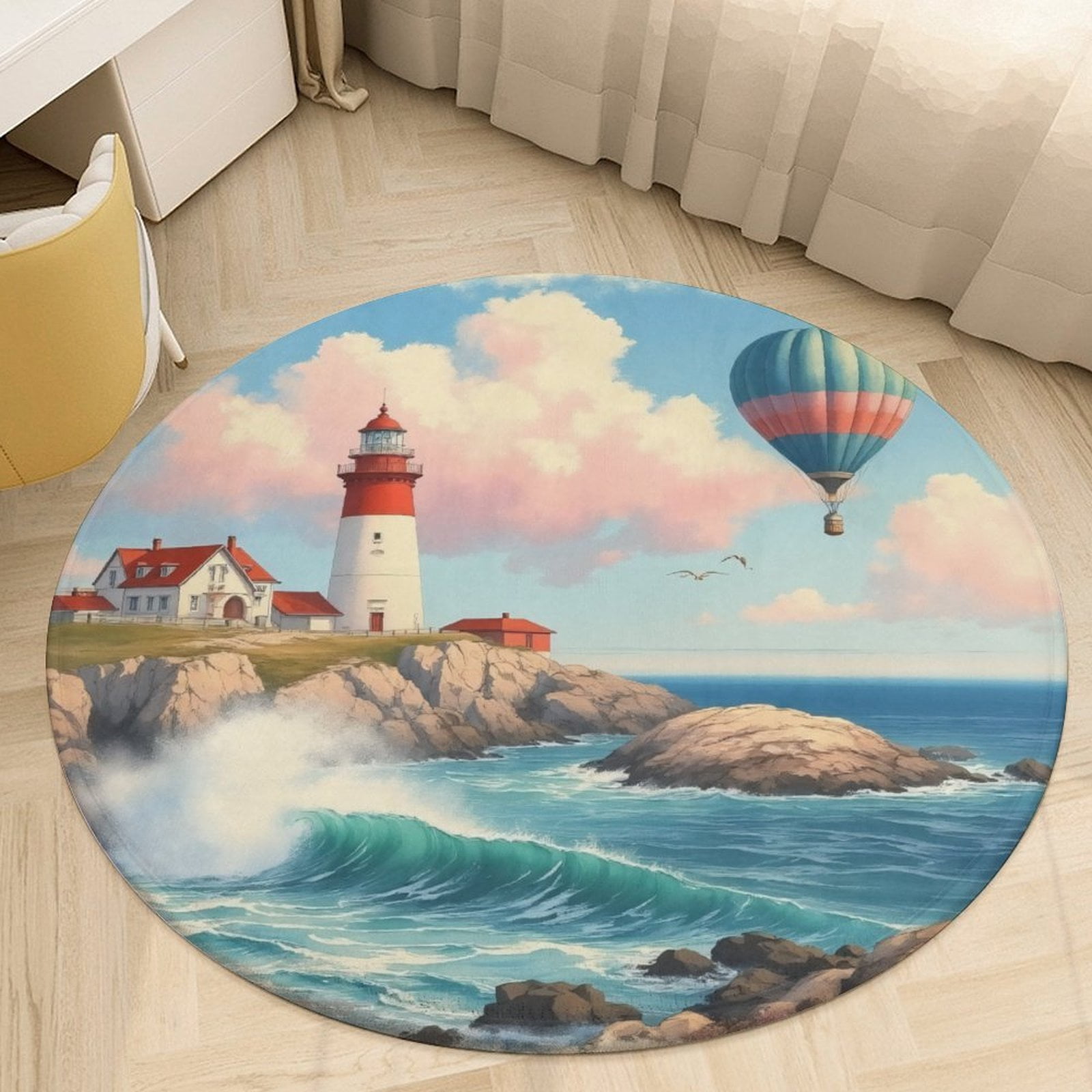 Lighthouse And Hot Air Balloon Seascape Round Area Rugs for Bedroom ...