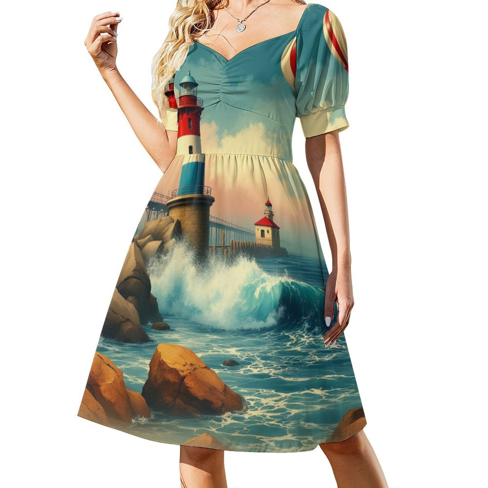 Lighthouse And Hot Air Balloon Seascape Summer Women's Dress 2025 ...