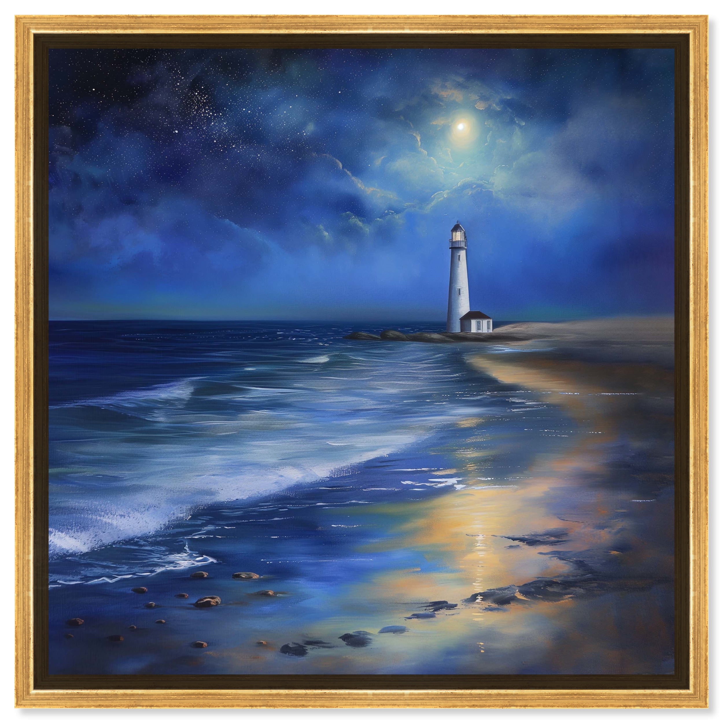 Lighthouse At Night Chic Coastal Canvas Wall Art by Art Remedy, Gold ...