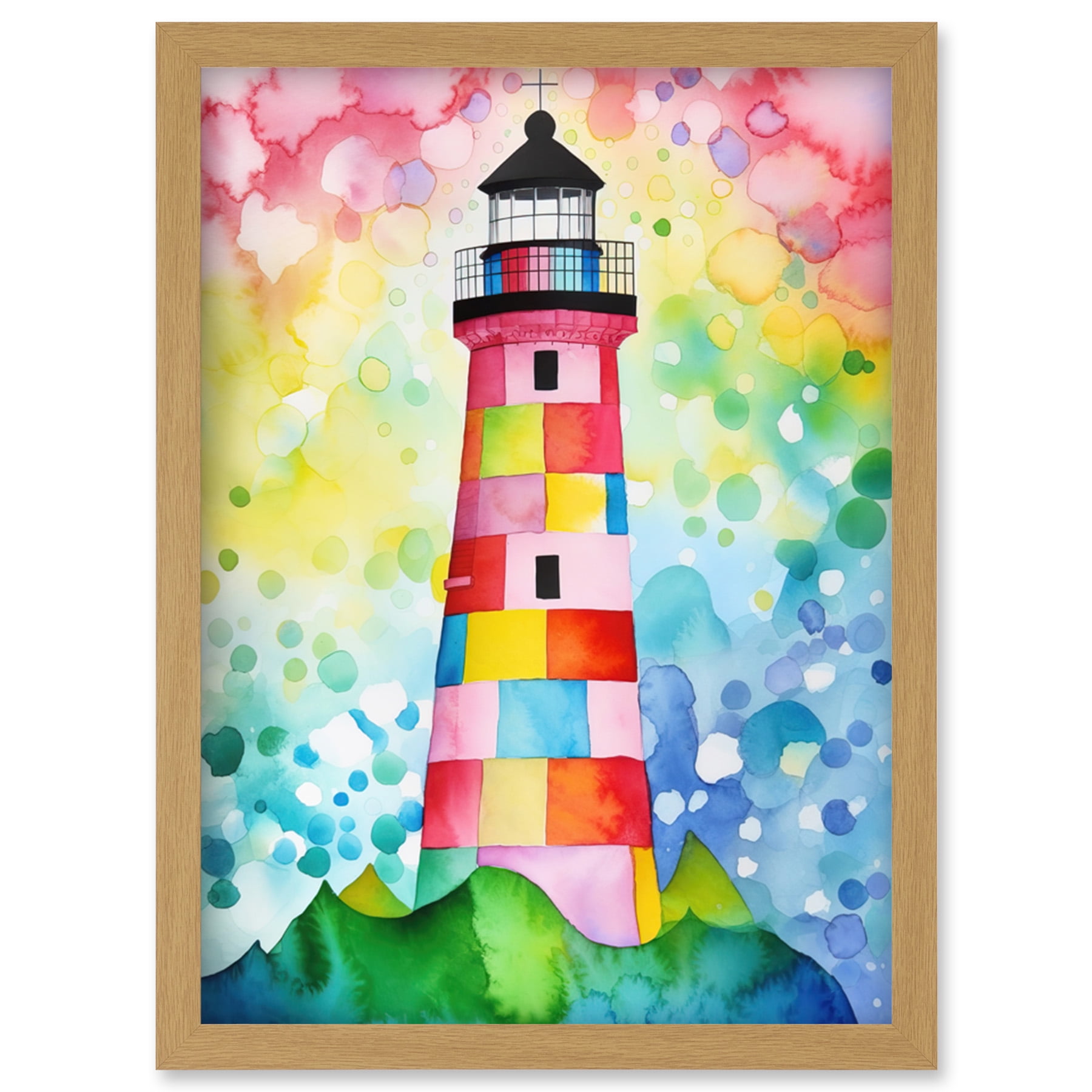 Lighthouse At Sunrise Dreamy Folk Art Watercolour Painting Artwork Framed Wall Art Print A4 ...