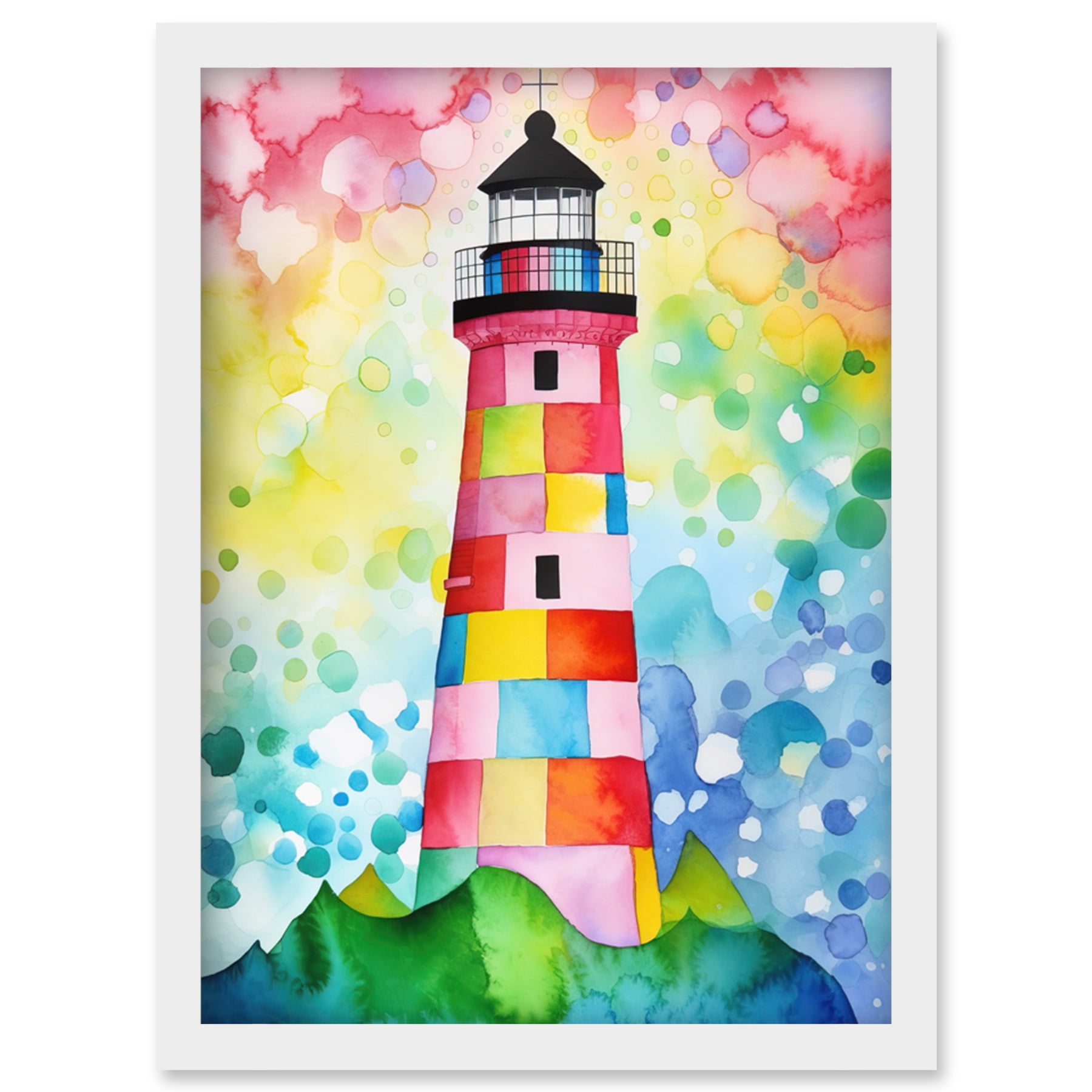 Lighthouse At Sunrise Dreamy Folk Art Watercolour Painting Artwork Framed Wall Art Print A4 ...