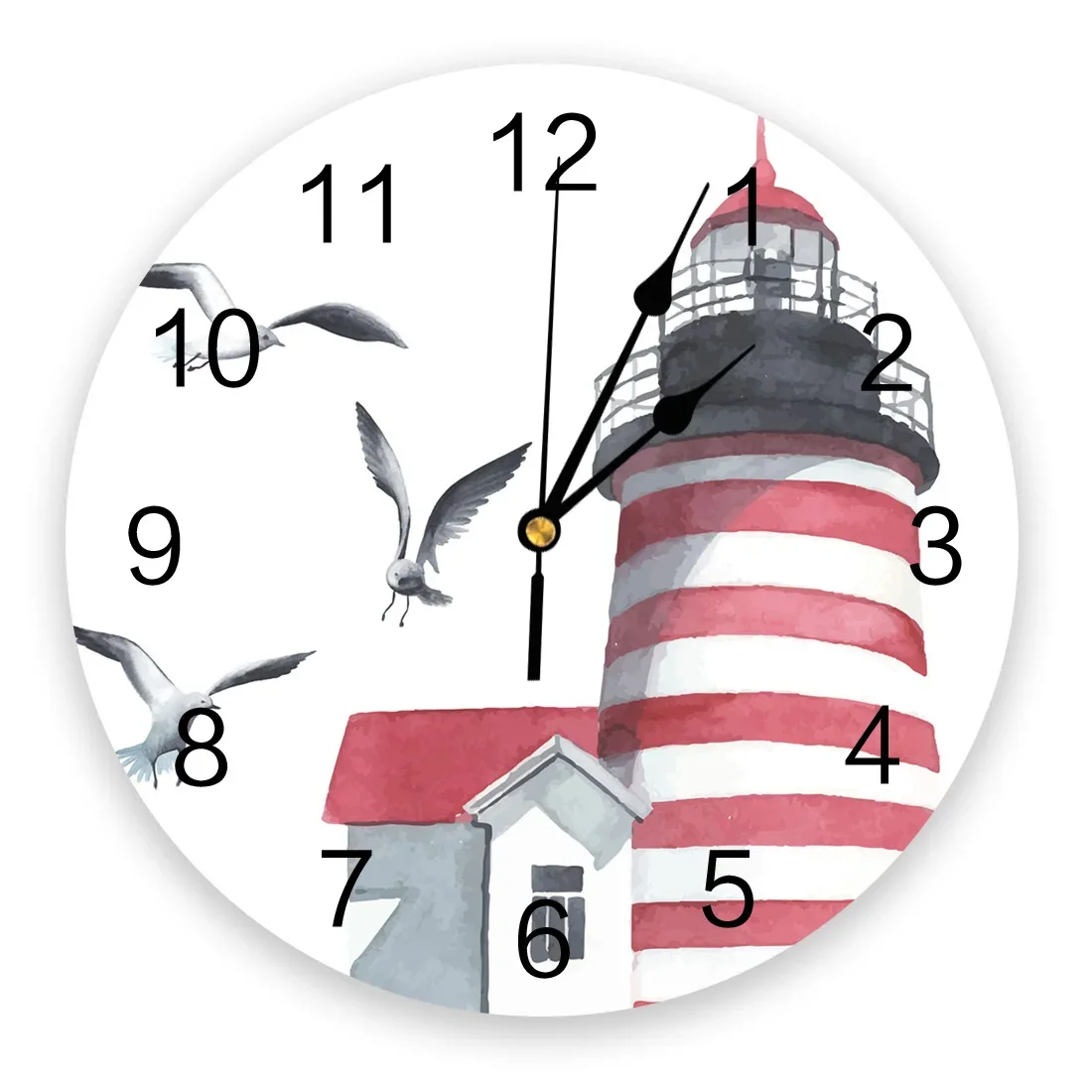 Lighthouse Beach Seagull Decorative Round Wall Clock Arabic Numerals ...