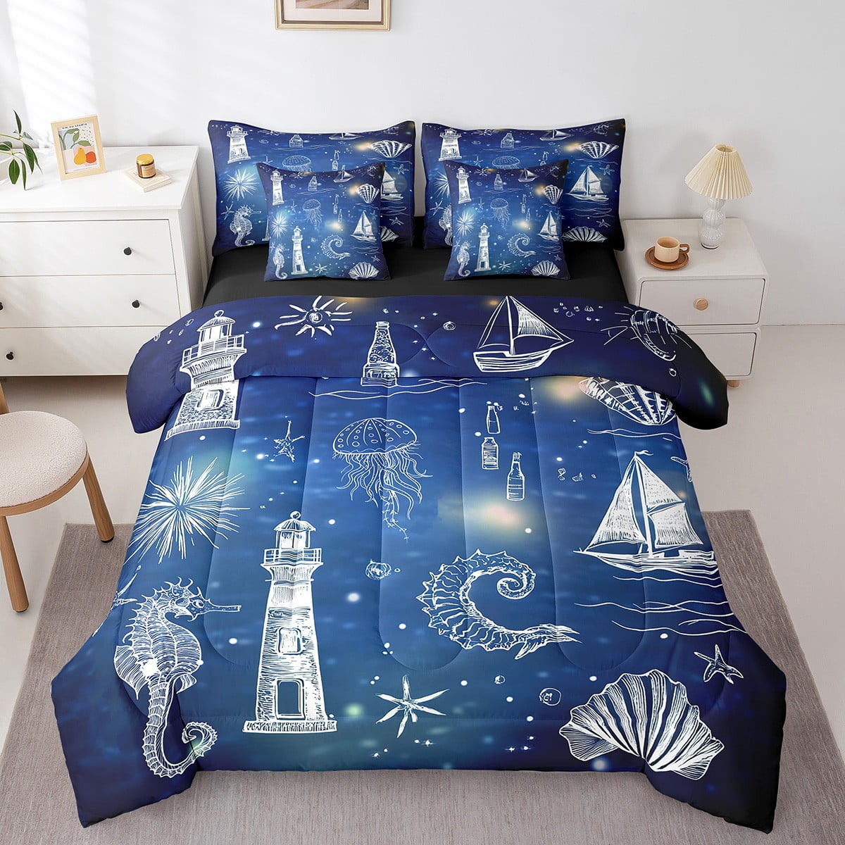 Lighthouse Bed in a Bag King Size Comforter Set 7 Pieces,Blue Ocean ...