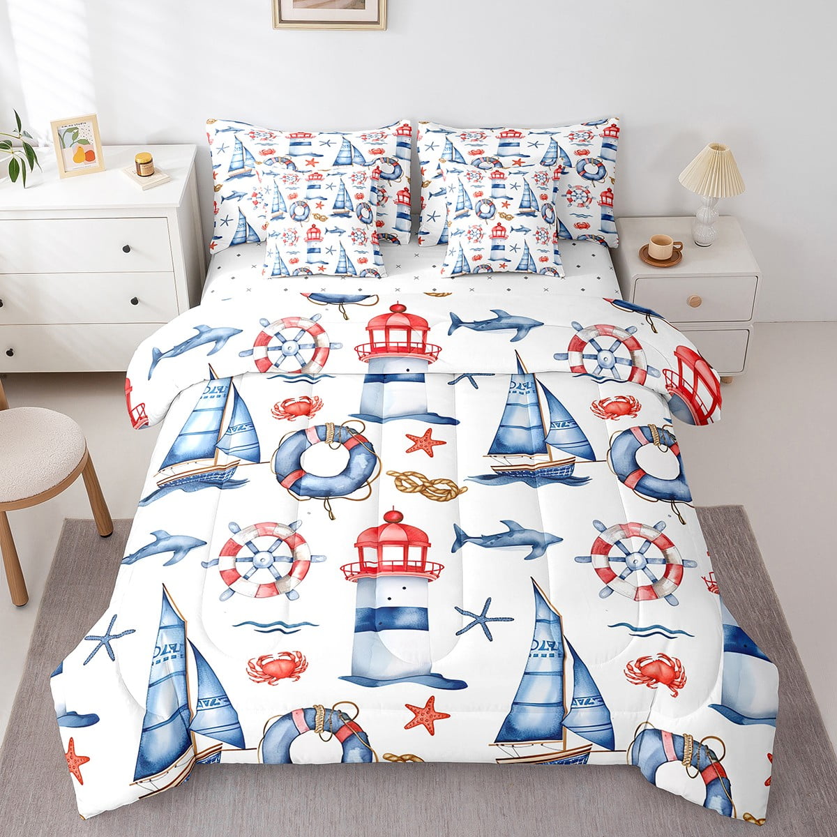 Lighthouse Bed in a Bag King Size Comforter Set 7 Pieces,Nautical Rope ...