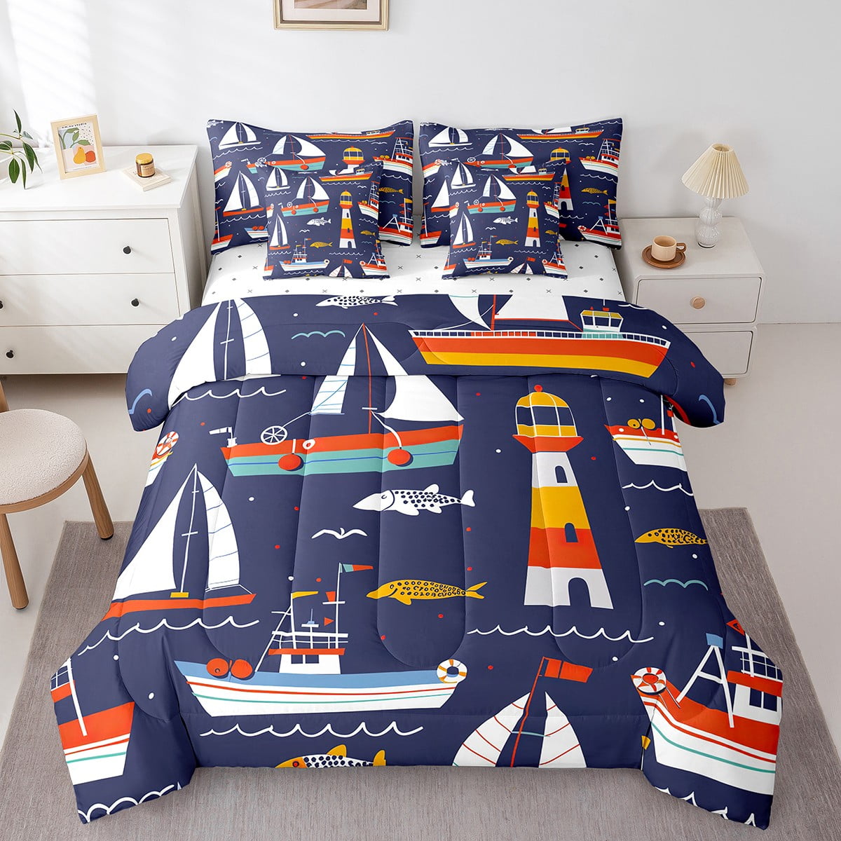 Lighthouse Bed in a Bag Queen Comforter Set 7 Piece,Nautical Retro ...