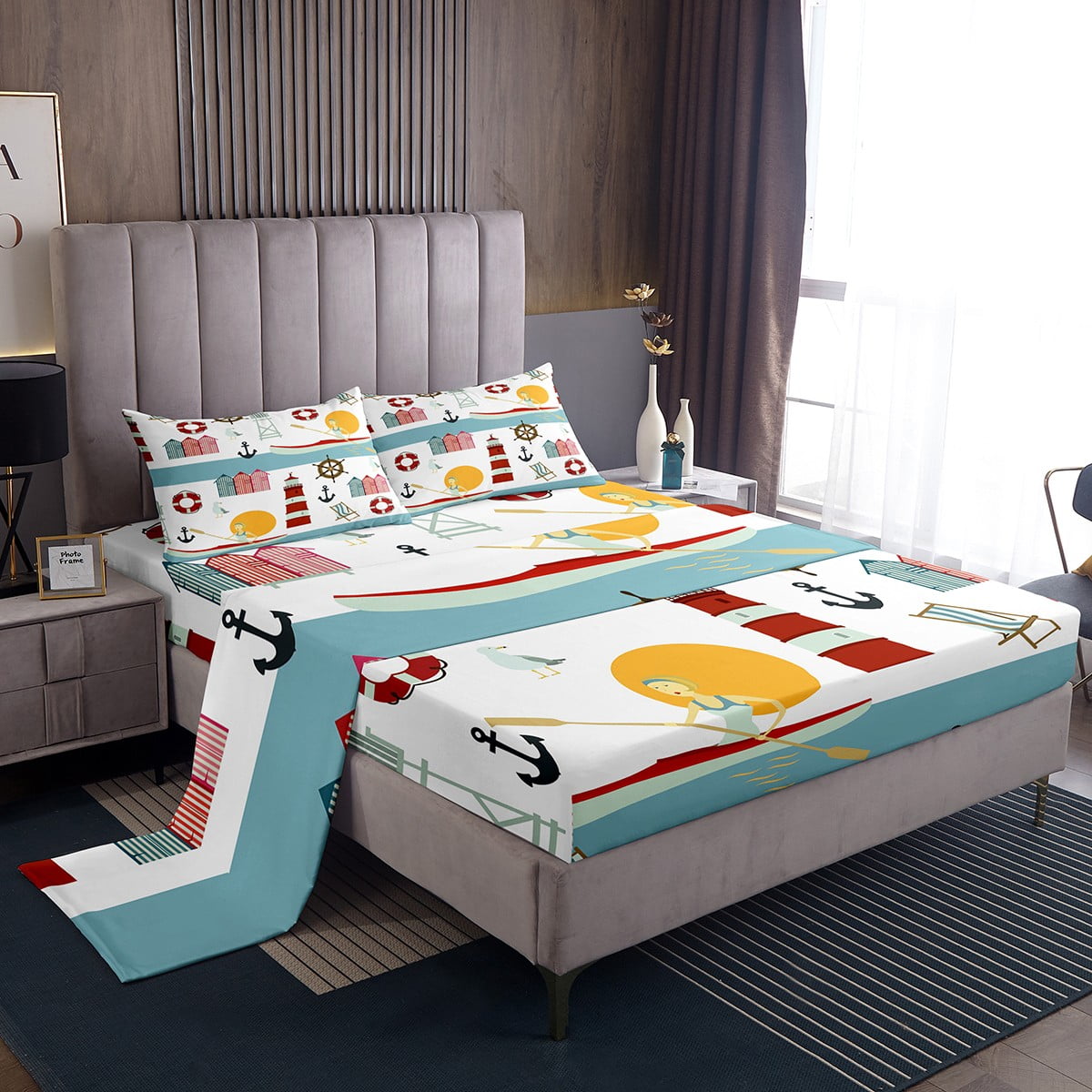 Lighthouse Bed Sheets Set Lake Paddle Boat King Sheet Set,Nautical ...