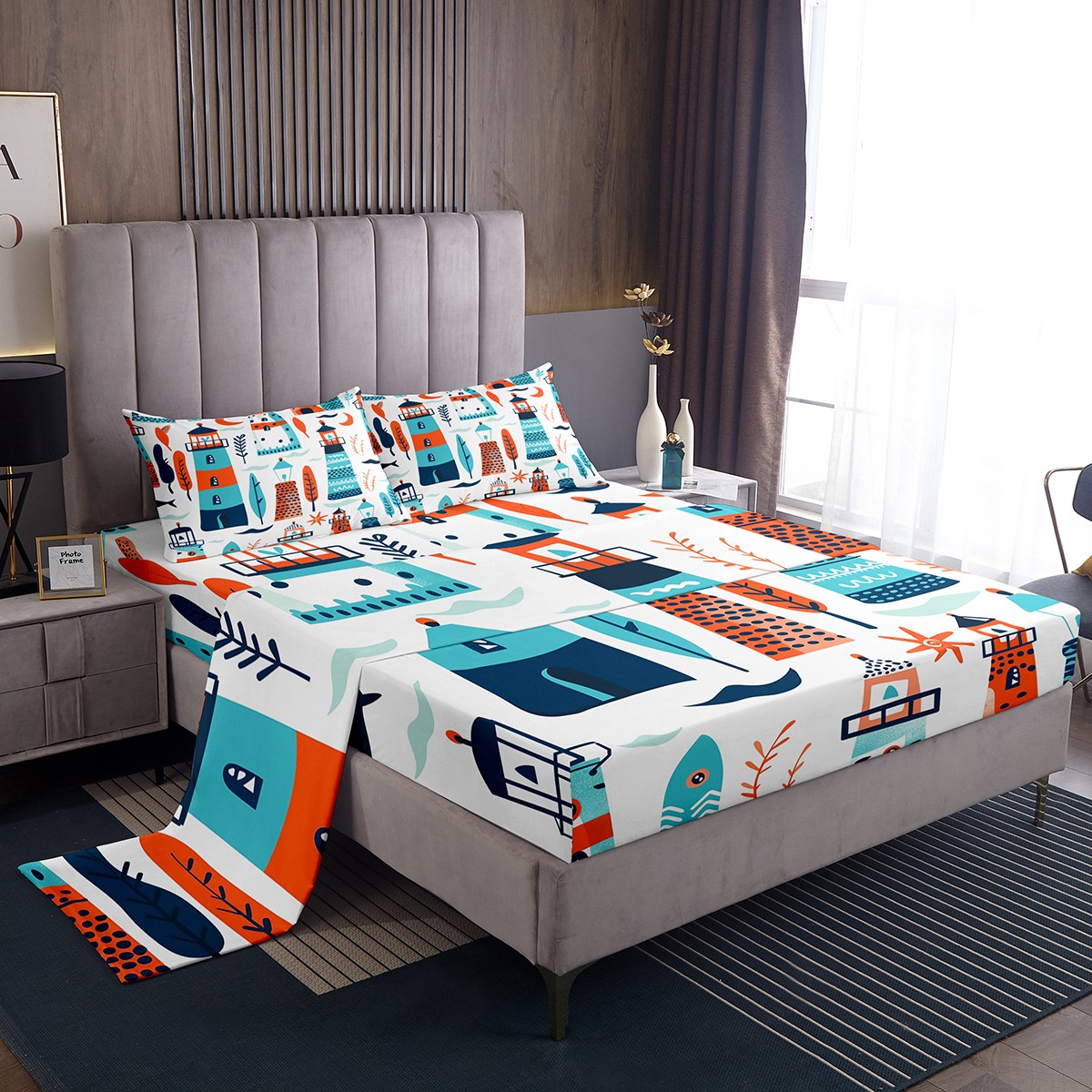 Lighthouse Bed Sheets Set Nautical Sailboat Sheet Set Queen,Ocean Theme ...