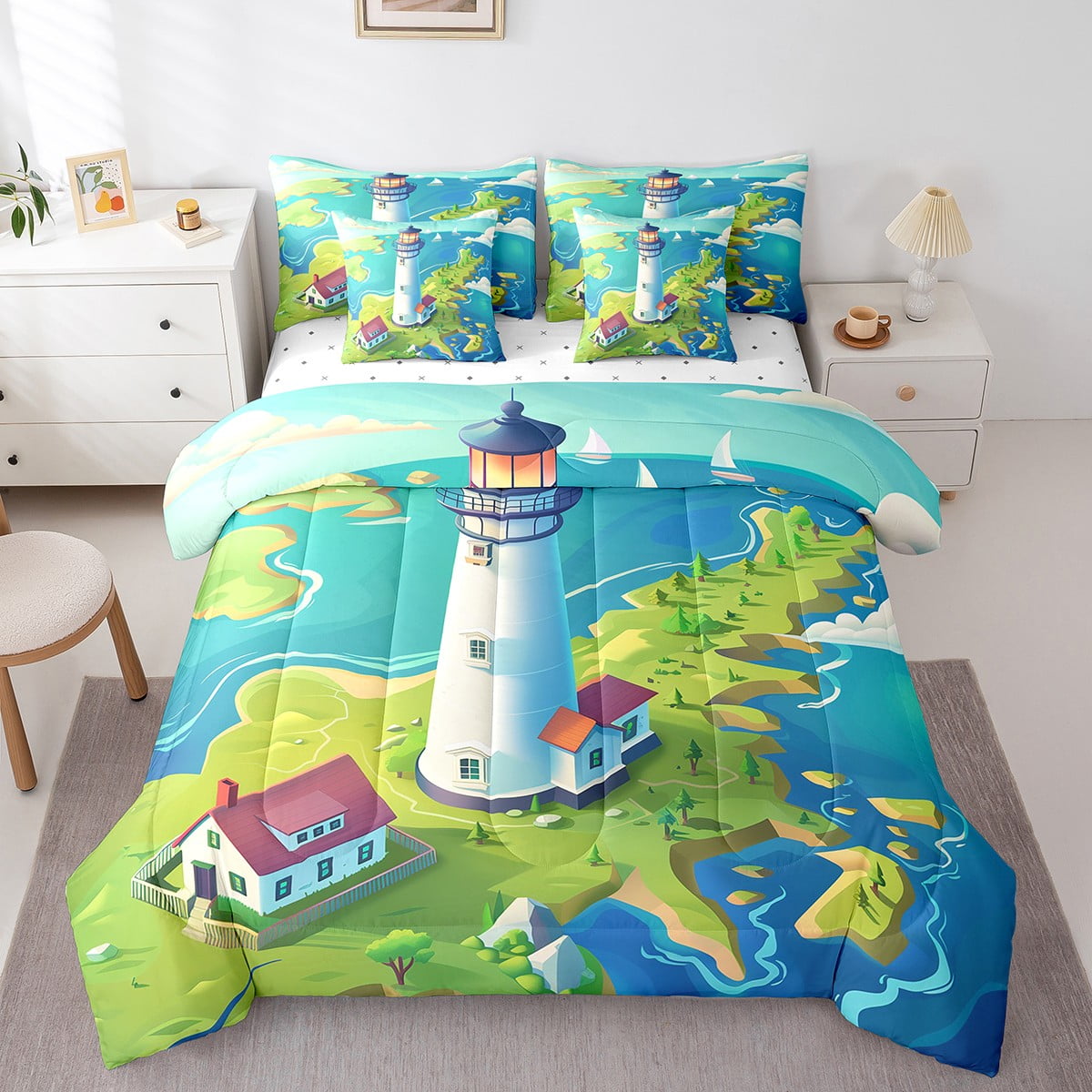 Lighthouse Bedding Sets 7-Piece For Kids Boys Ocean Nautical Comforter ...