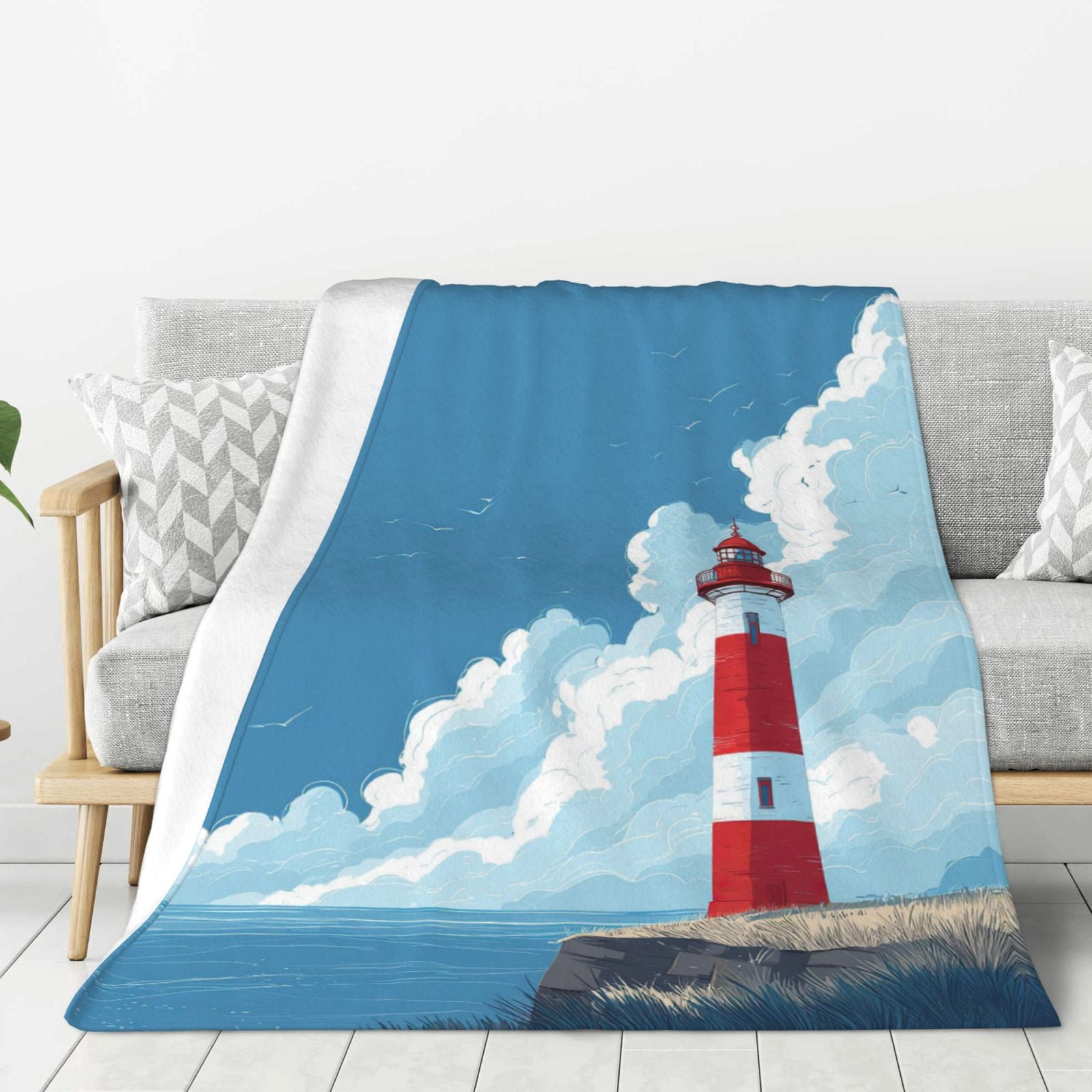 Lighthouse Blanket Serene Coastal Scenic Nautical Birds, Warm Soft ...