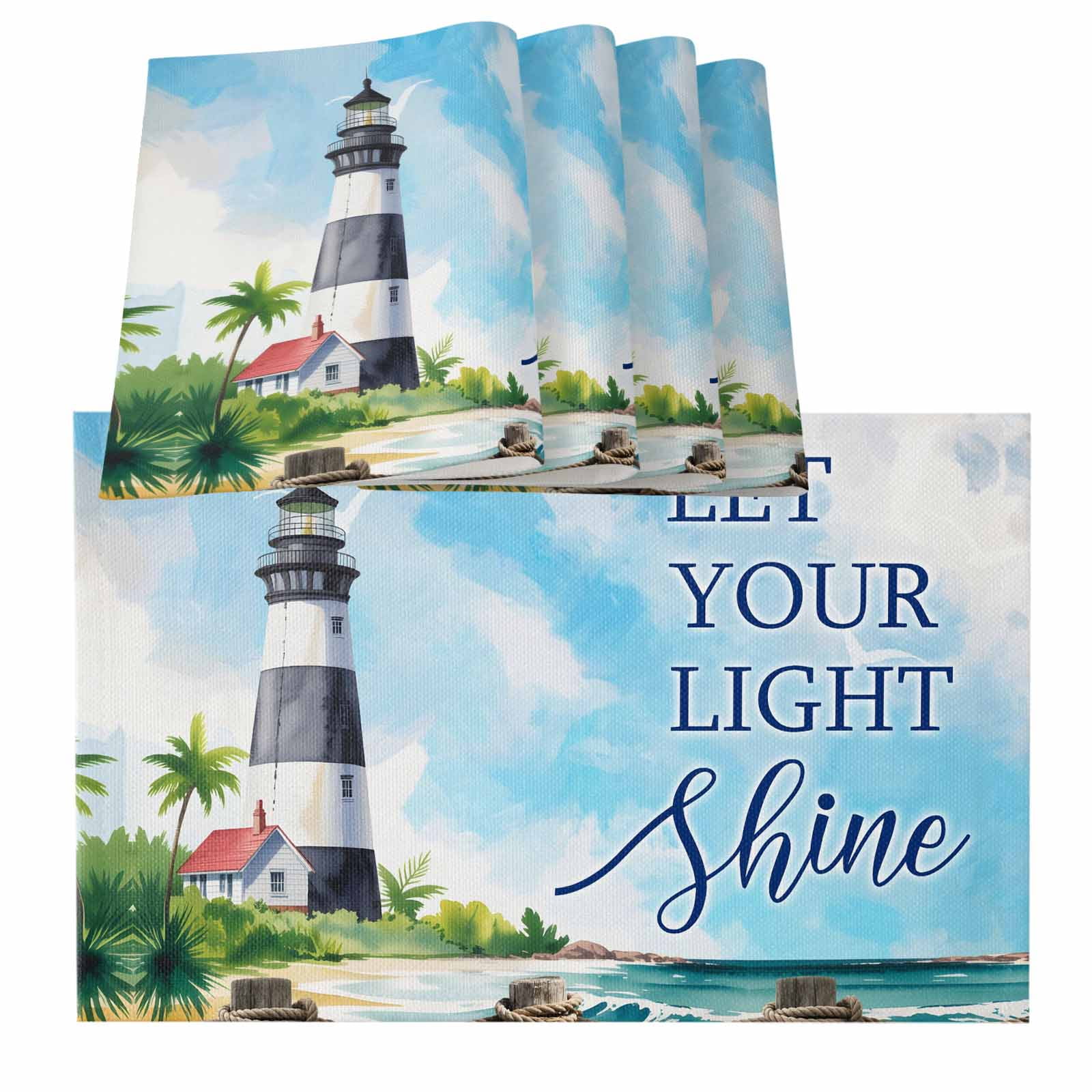 Lighthouse Blue Coastal Nautical Ocean Beach Palm Tree Burlap Kitchen ...