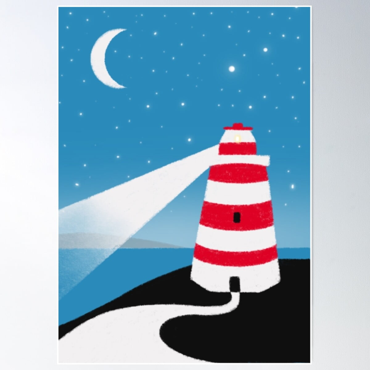 Lighthouse By The Sea At Night Under The Moon And Stars Poster Wall Art ...