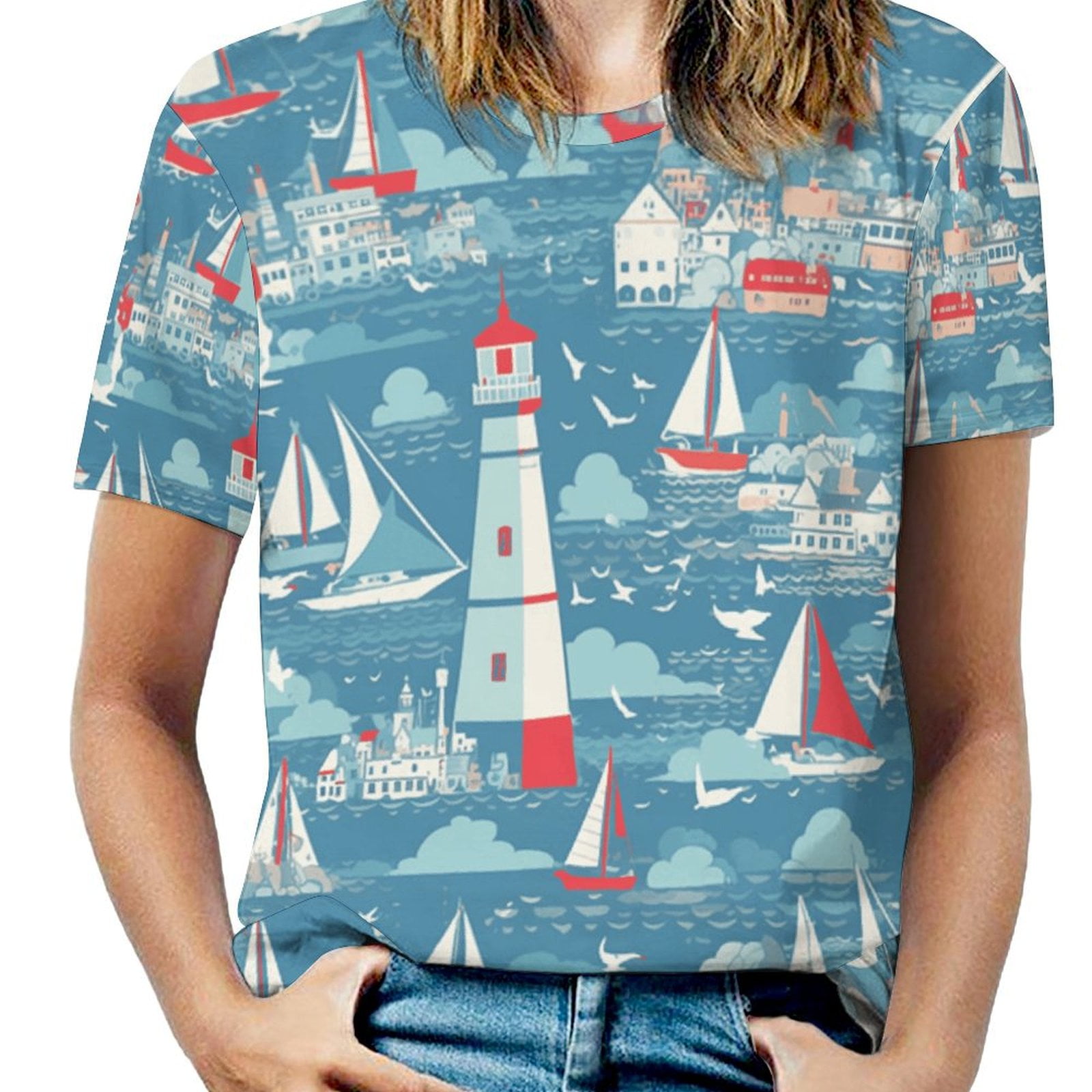 Lighthouse Coastal Scene-3 Women's Short Sleeve Tops Casual Blouses T ...