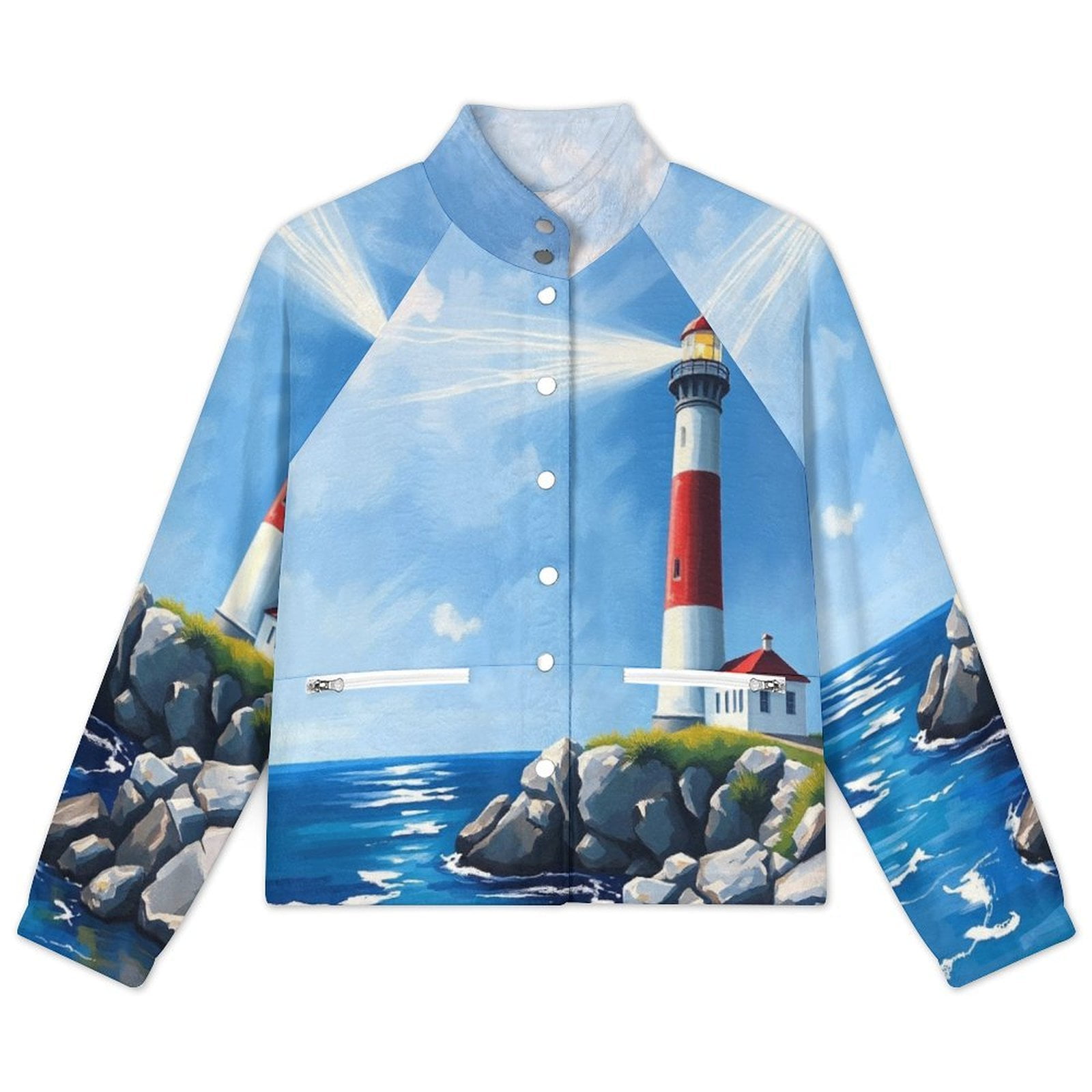 Lighthouse Coastal Scene Warm Women's Plush Jacket Stand Collar Full ...