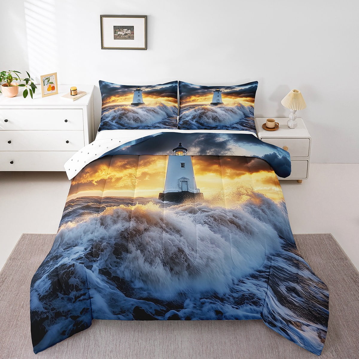 Lighthouse Comforter Sets Sea Ocean Wave Full Down Comforter Coastal Island Seascape Bedding Set ...