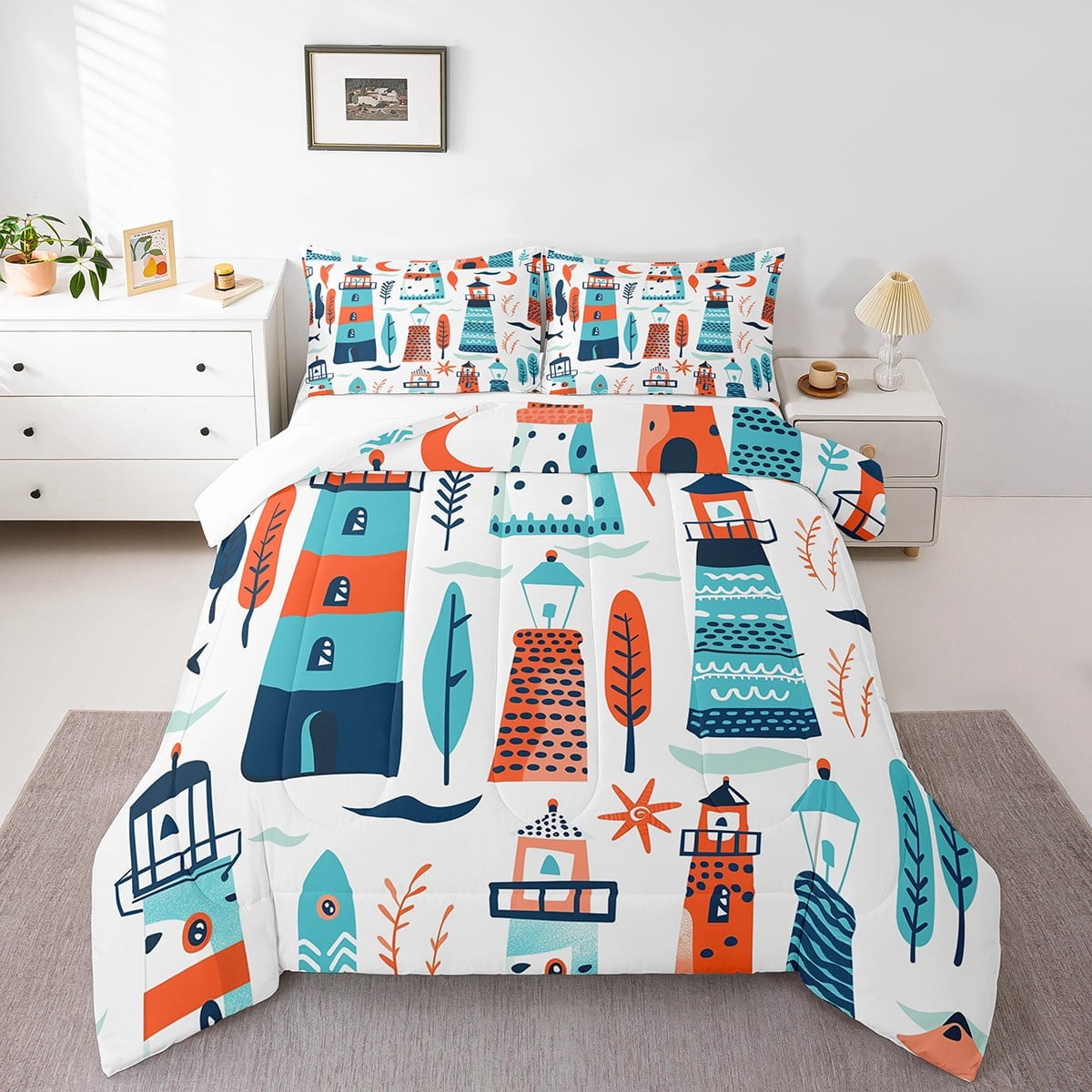 Lighthouse Comforter Set Nautical Sailboat Bedding Set Full,Ocean Theme ...