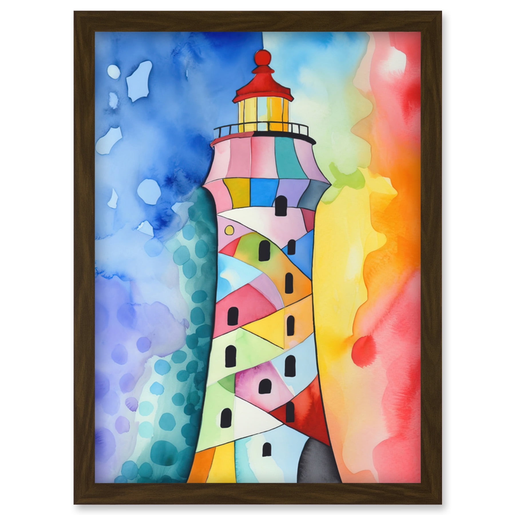 Lighthouse Concept With Rainbow Colour Sky Folk Art Watercolour ...